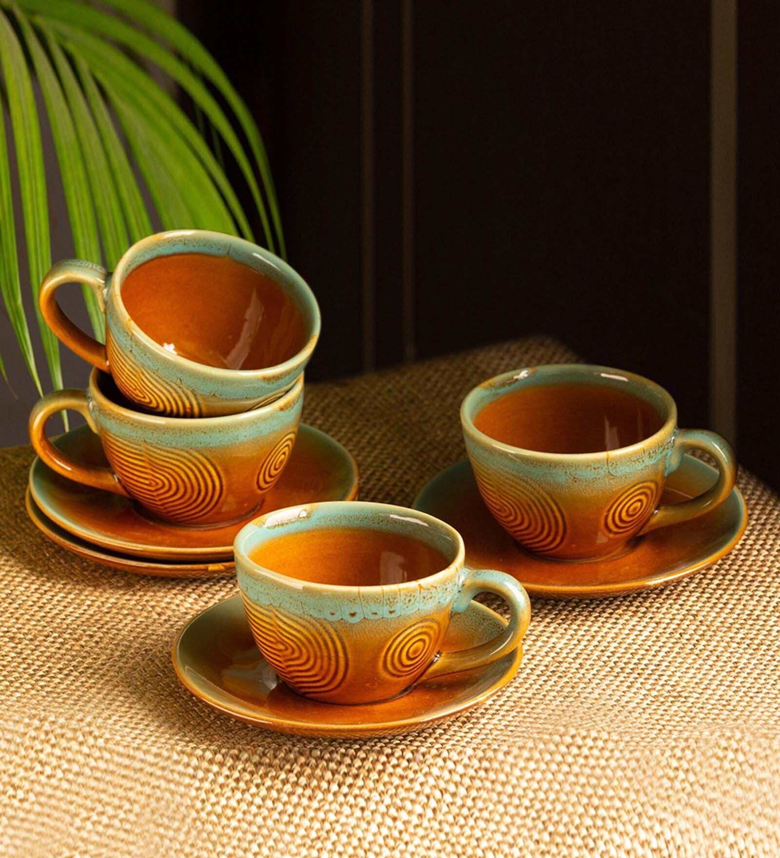 Buy Peacock Boulevard 180ml Brown & Green Ceramic (Set of 8) Tea Cup ...