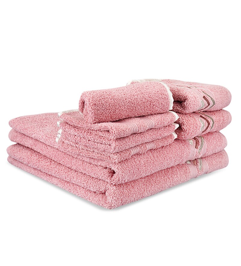 Buy Peach Cotton Patterned 500 GSM Towel Set 8 Pieces by Lush & Beyond ...