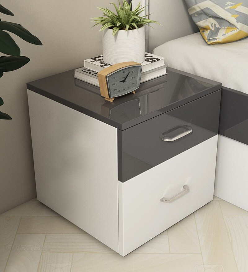 Buy Pearl Bedside Table in Grey & Frosty White Finish with Drawers ...