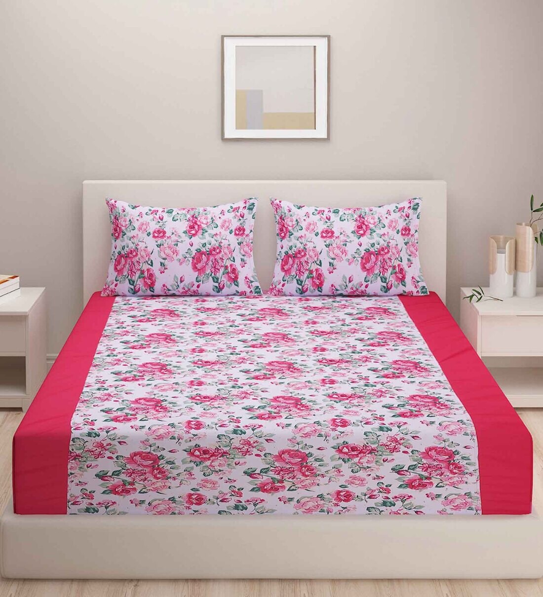 Buy Pink 200 TC Floral Print Cotton Single Bed Sheet with 1 Pillow ...