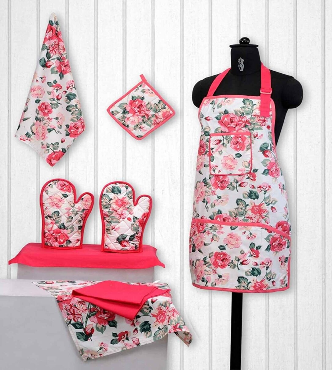 Buy Bella White & Pink Cotton (Set of 8) Kitchen Linen Set at 35% OFF ...
