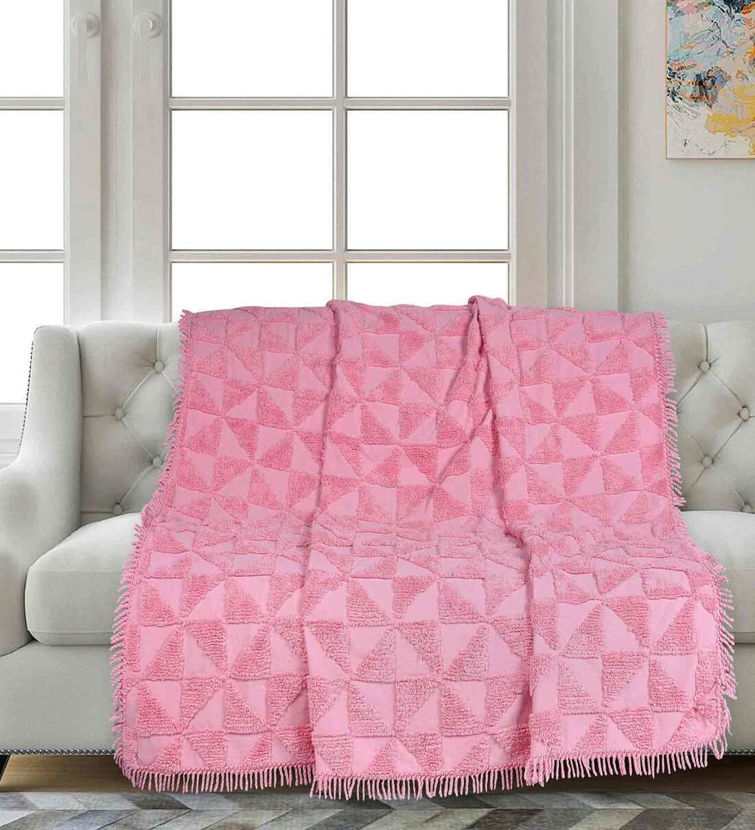 Buy Pink Cotton Geometric 63X55 Inch Machine Tufted Throw by Saral Home ...
