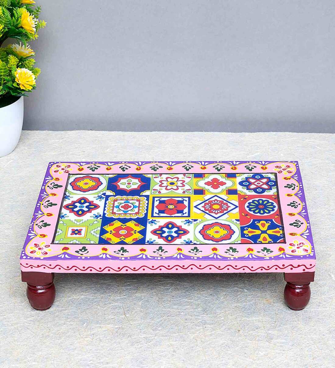 Buy Pink Hand Painted Wooden Pooja Chowki- By Golden Peacock at 65% OFF ...