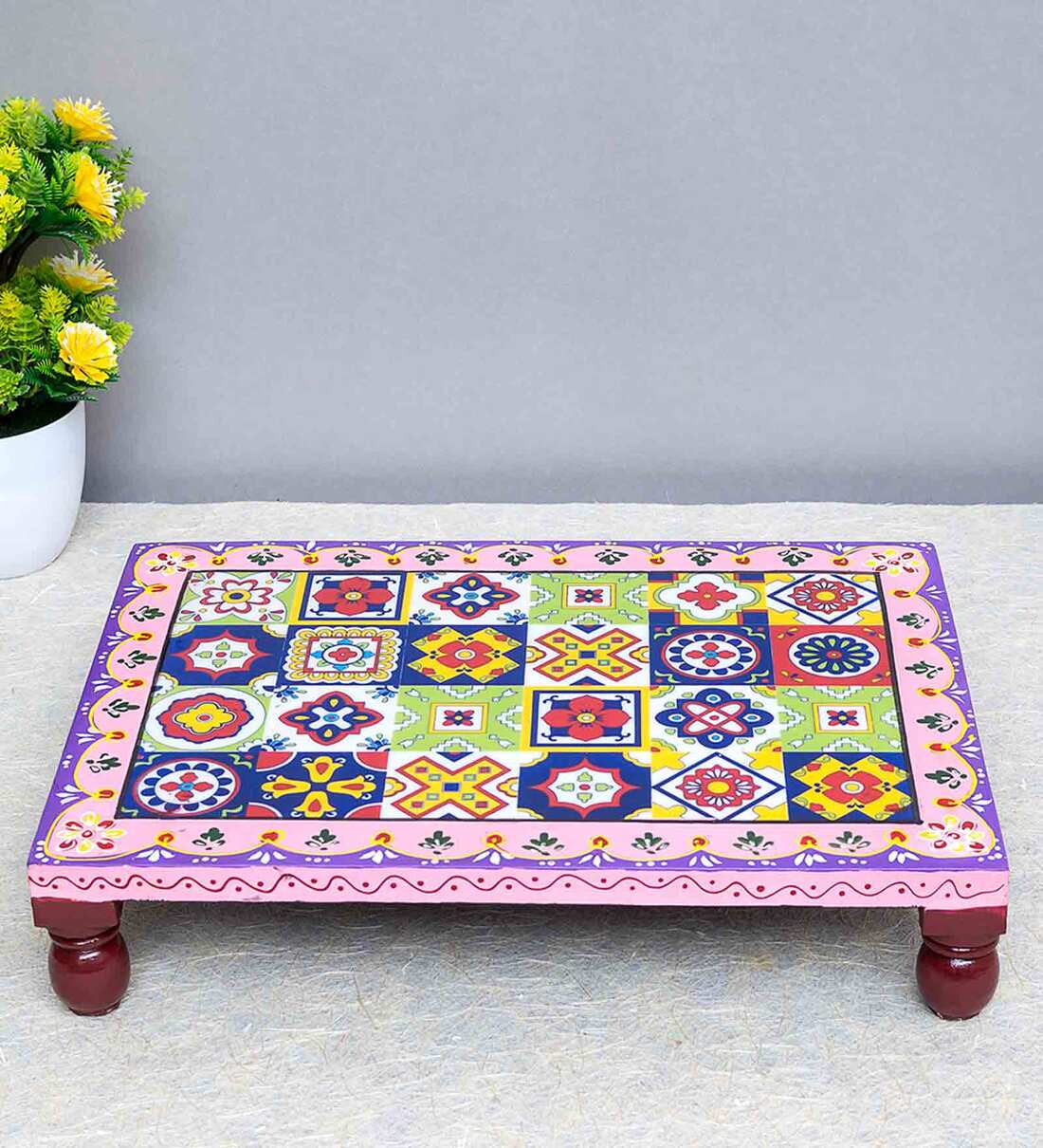 Buy Pink Hand Painted Wooden Pooja Chowki- By Golden Peacock at 65% OFF ...