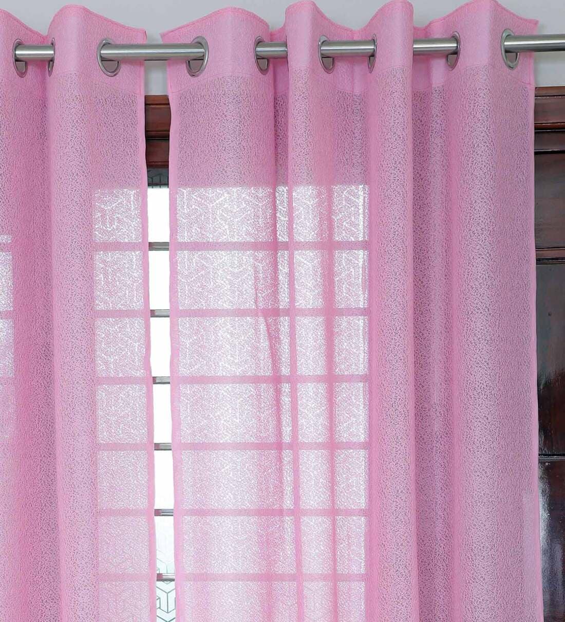 Buy Pink Abstract Polyester 5 Ft Sheer Eyelet Window Curtains (Set of 2 ...