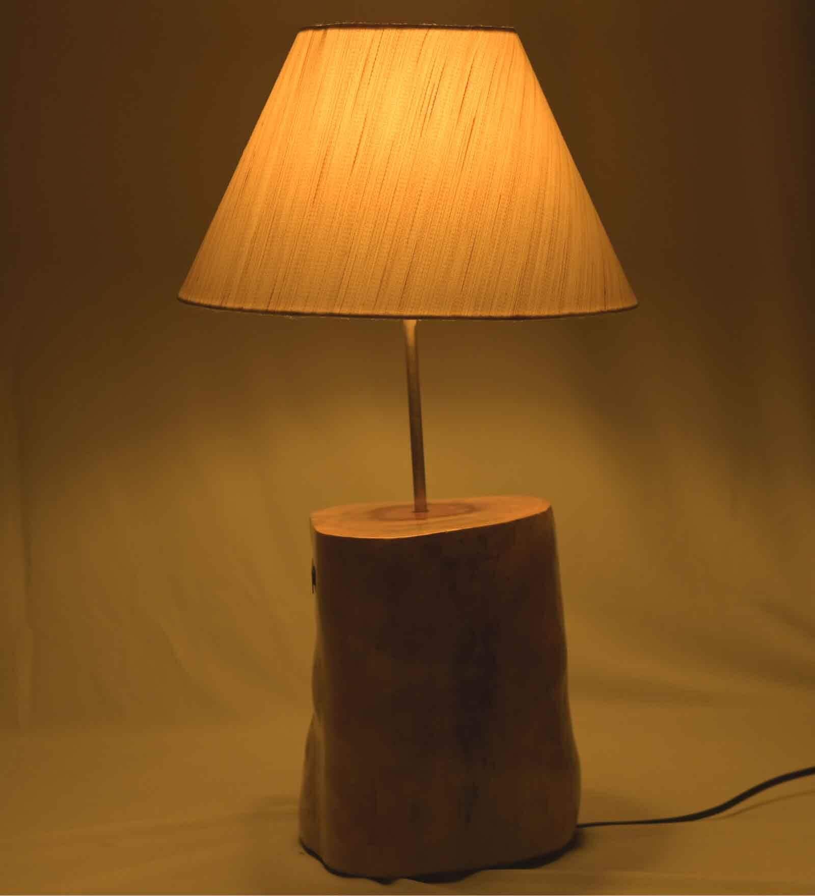 Buy Pine-Wood Log Cream Cotton Fabric Shade Table Lamp with Wooden Base ...