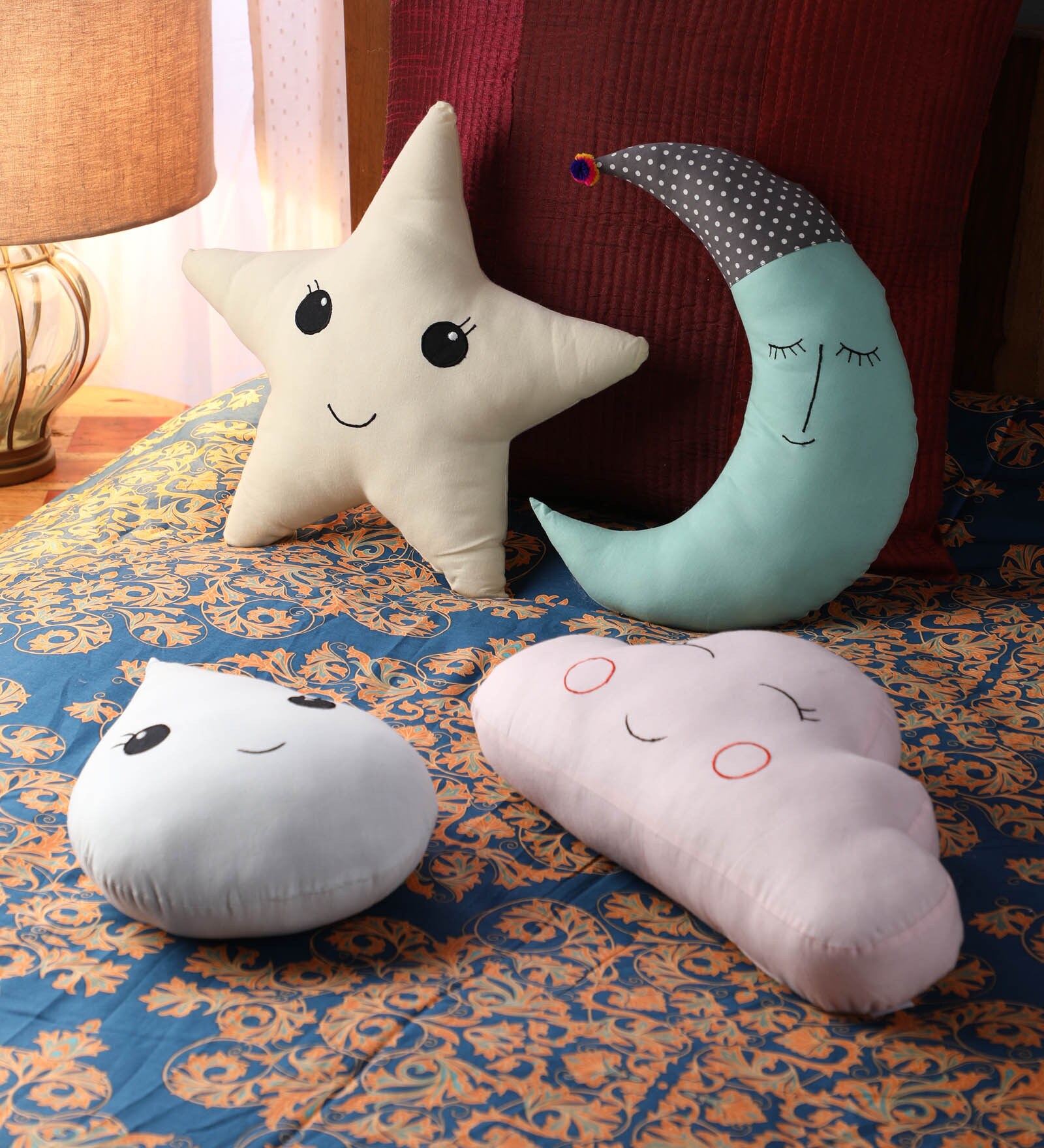Buy Pink Cotton Moon Star Droplet & Cloud Shaped Cushions (Set of 4) by ...