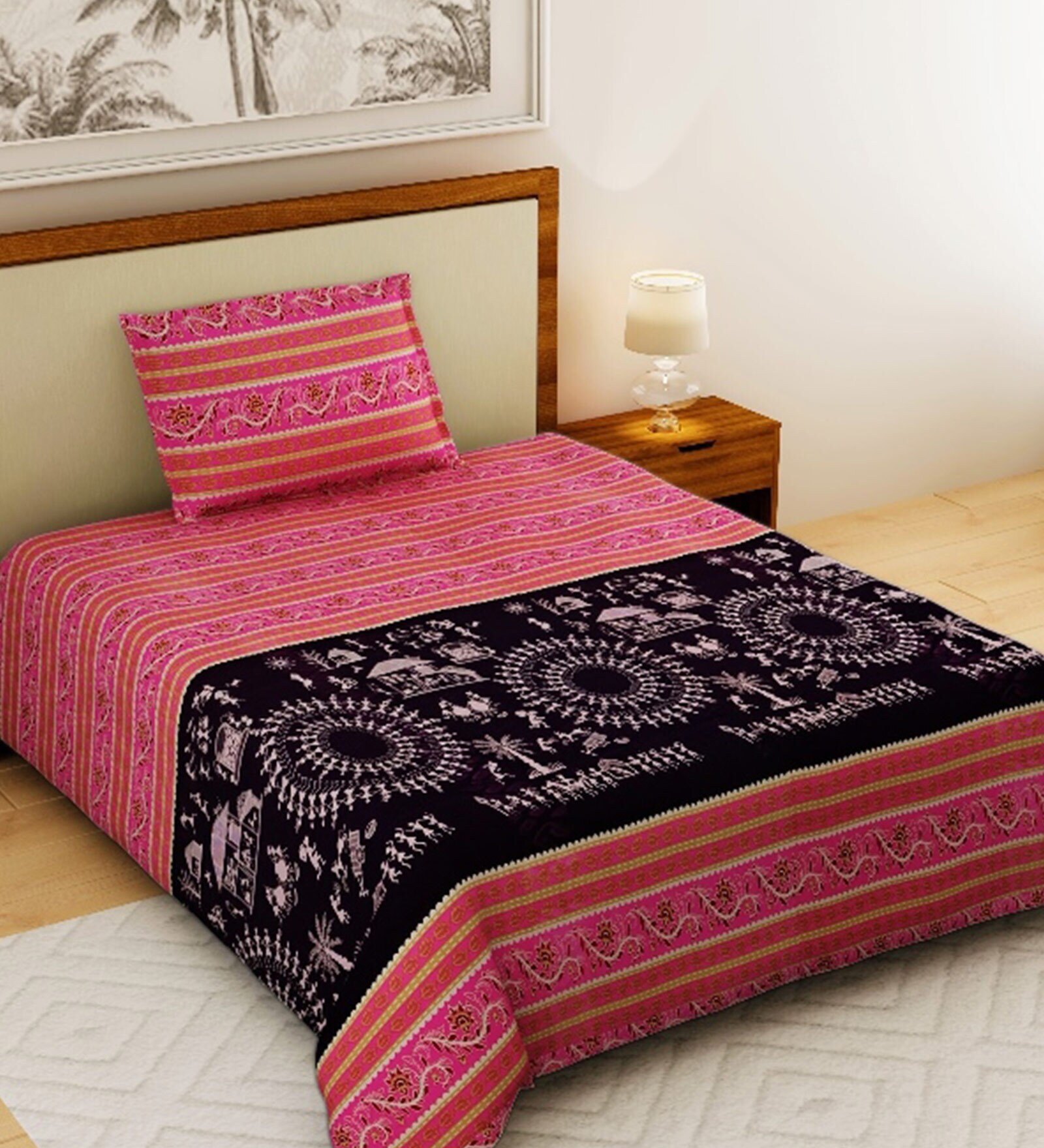 Buy Pink Traditional 120 TC Cotton Single Bed Sized Bed Sheets With 1 ...