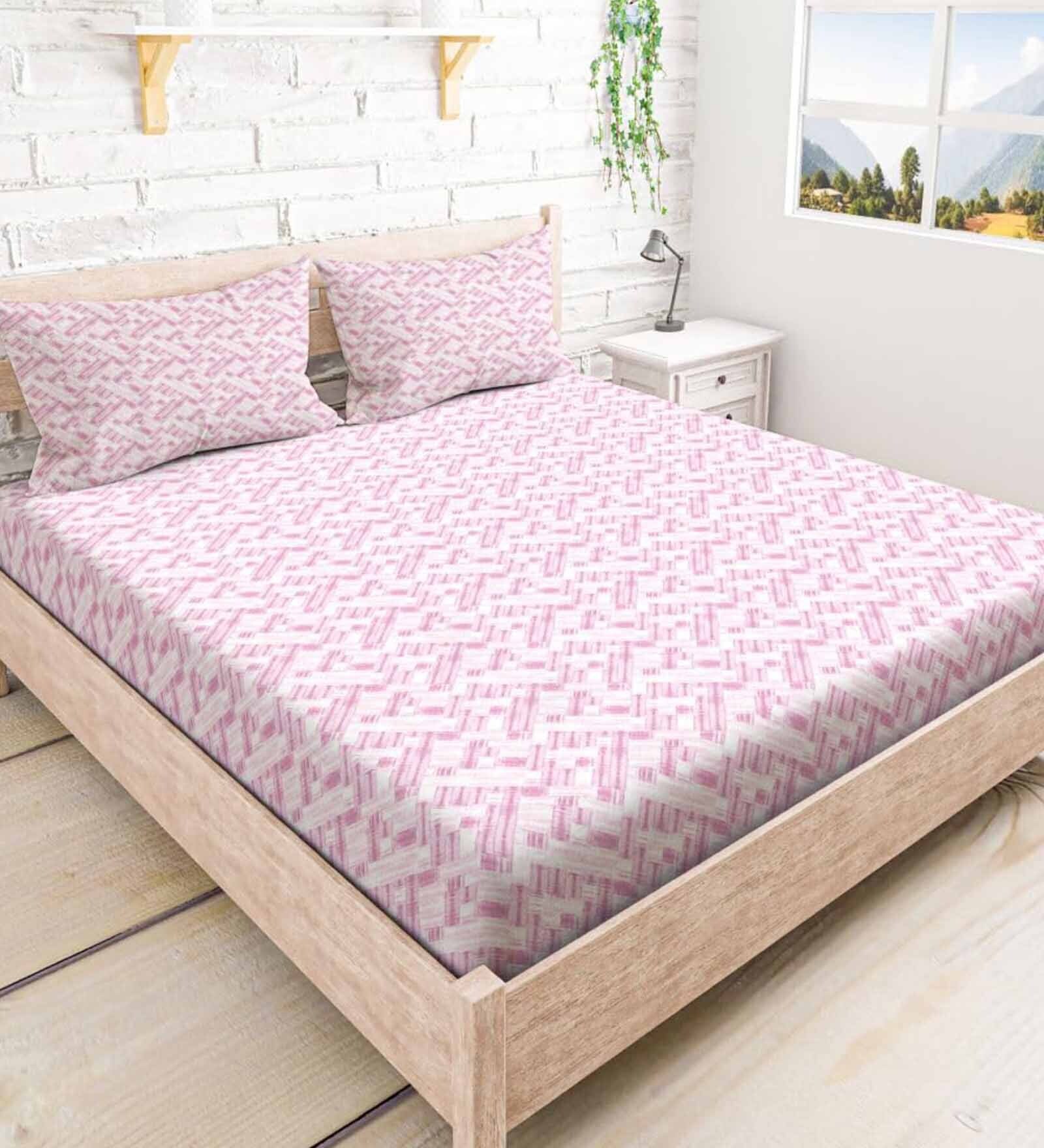 Buy Pink Abstract 210 TC CVC Super King Bedsheet with 2 Pillow Covers ...