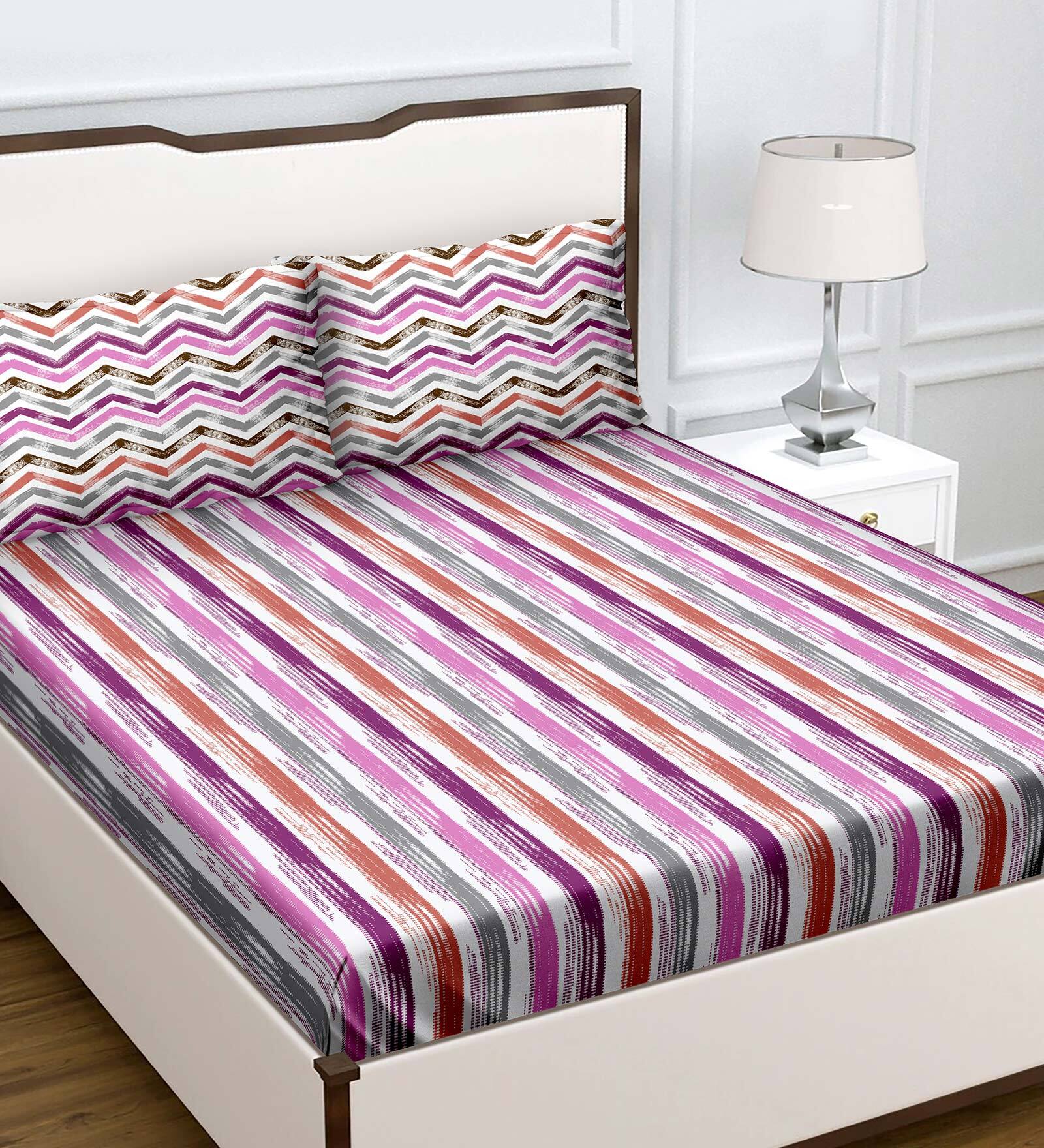 Buy Pink Striped 180 TC Cotton Queen Sized Bed Sheets with 2 Pillow ...