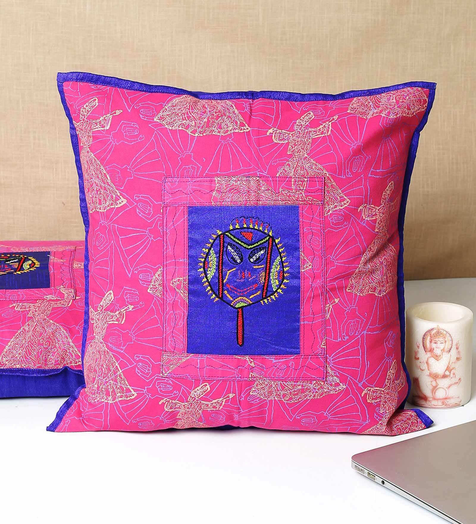 Buy Pink Cotton Ethnic motif 16x16 inches Cushion Covers (Set of 2) by ...