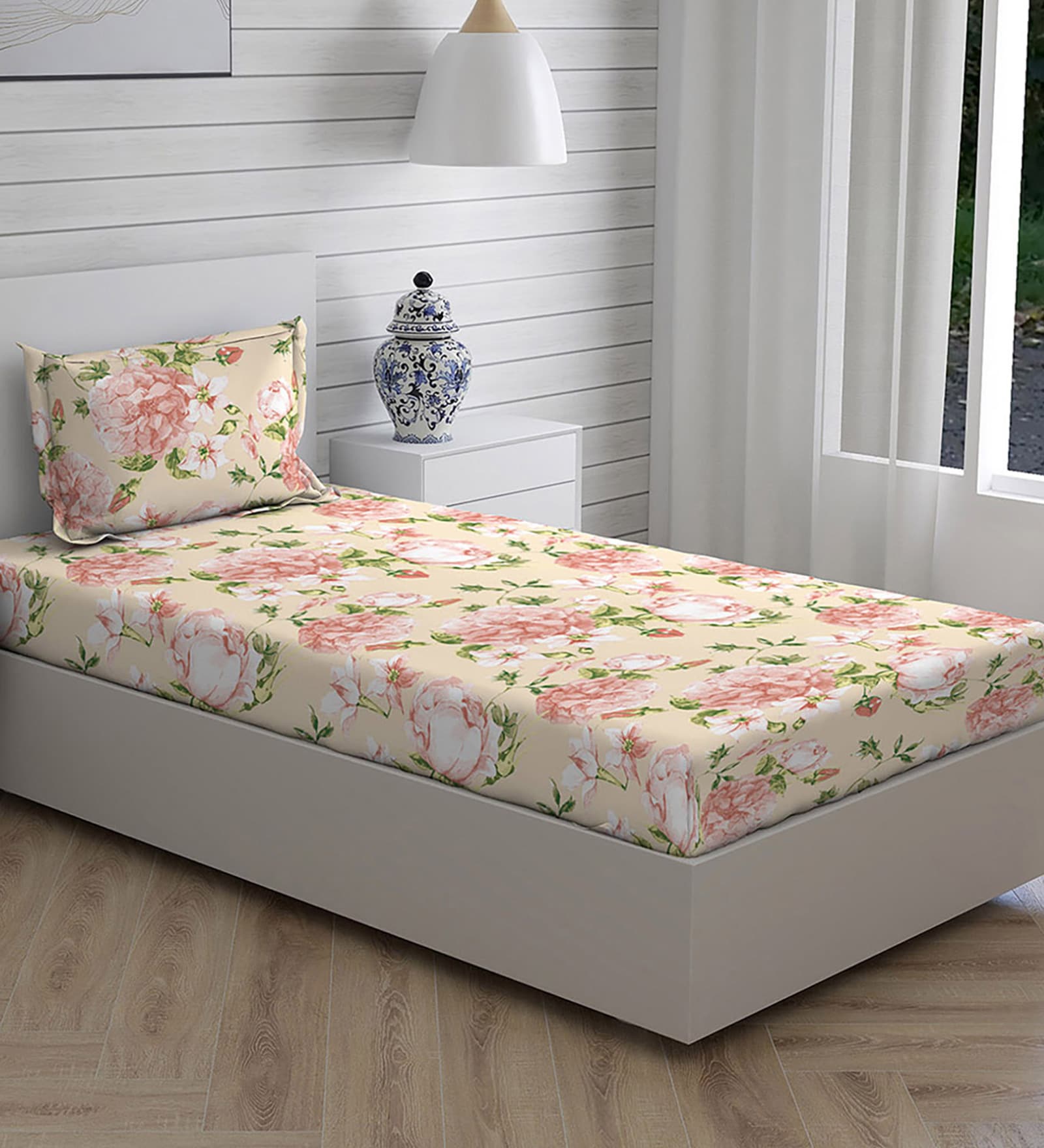 Buy Pink Floral 104 TC Cotton Single Bed Sized Bed Sheets With 1 Pillow ...