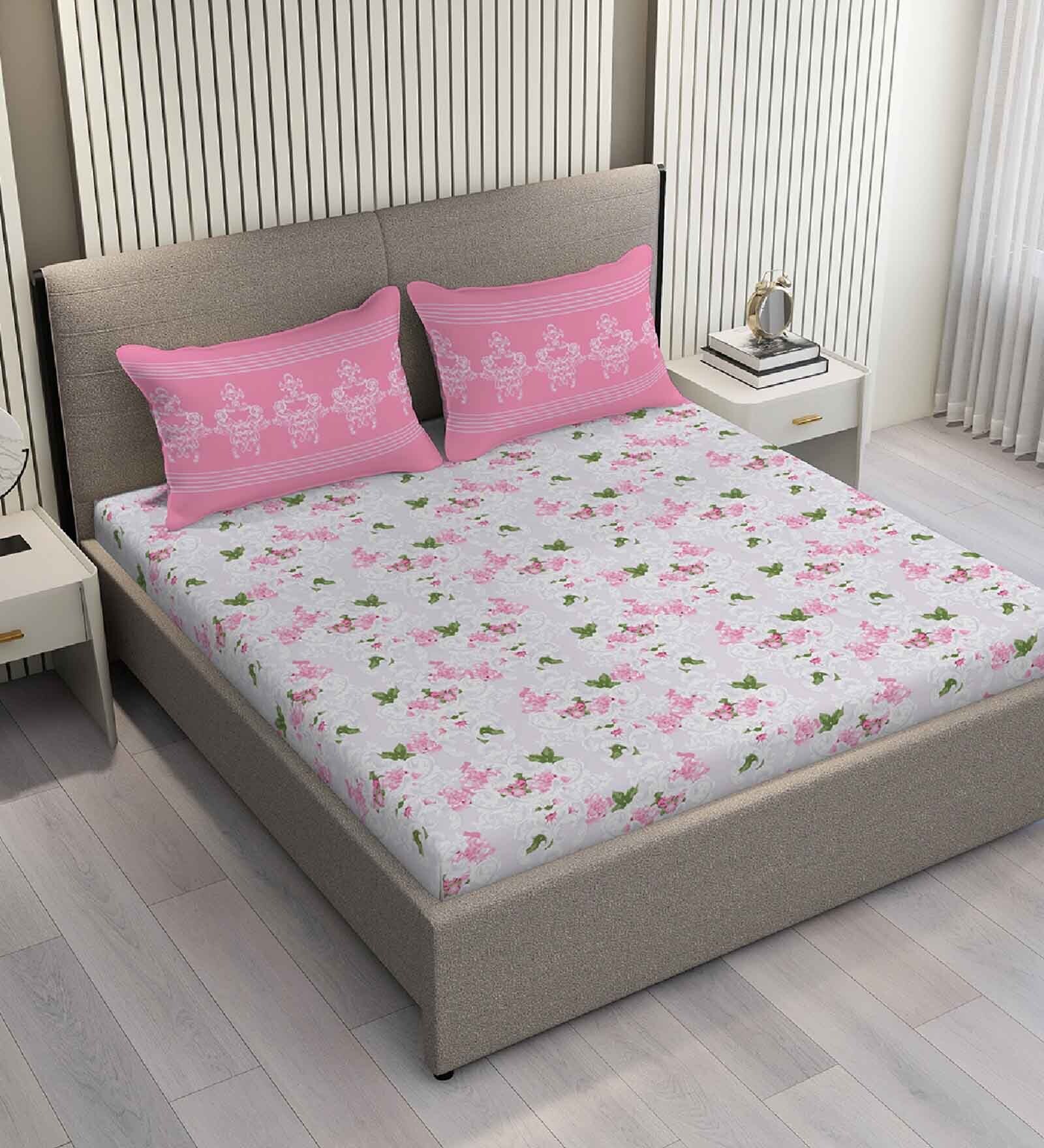 Buy Pink Floral 120 TC Polyester Double Bedsheet with 2 Pillow Covers ...