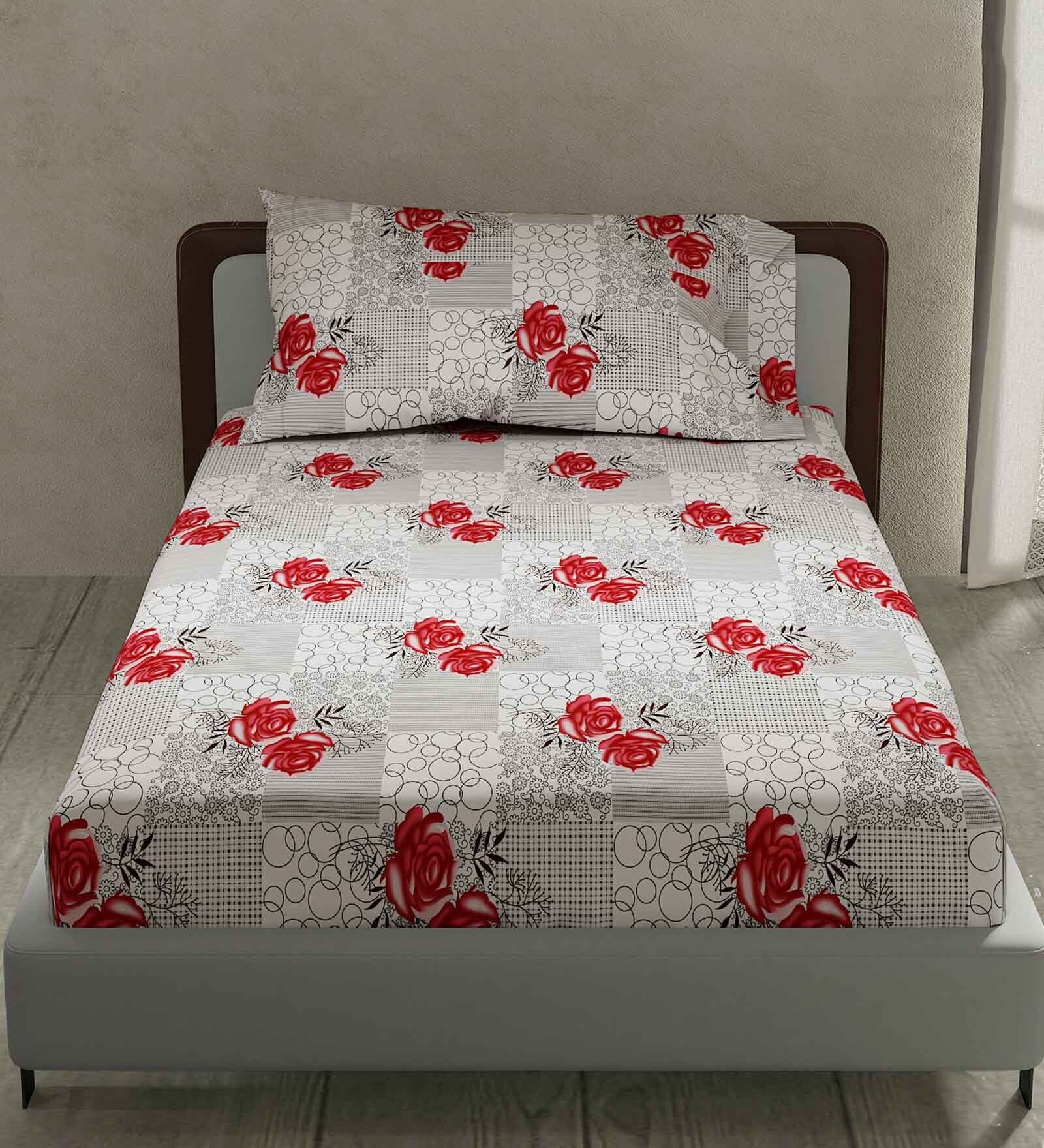 Buy Red and White Floral 180 TC Cotton Single Bedsheet with 1 Pillow Cover at 43% OFF by LABHAM ...