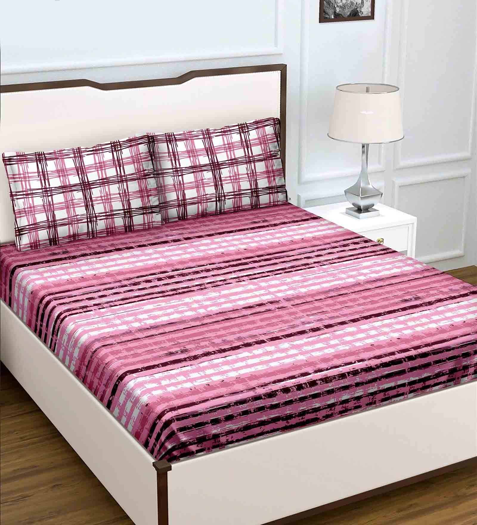 Buy Pink Checkered 180 TC Cotton Queen Sized Bed Sheets with 2 Pillow ...