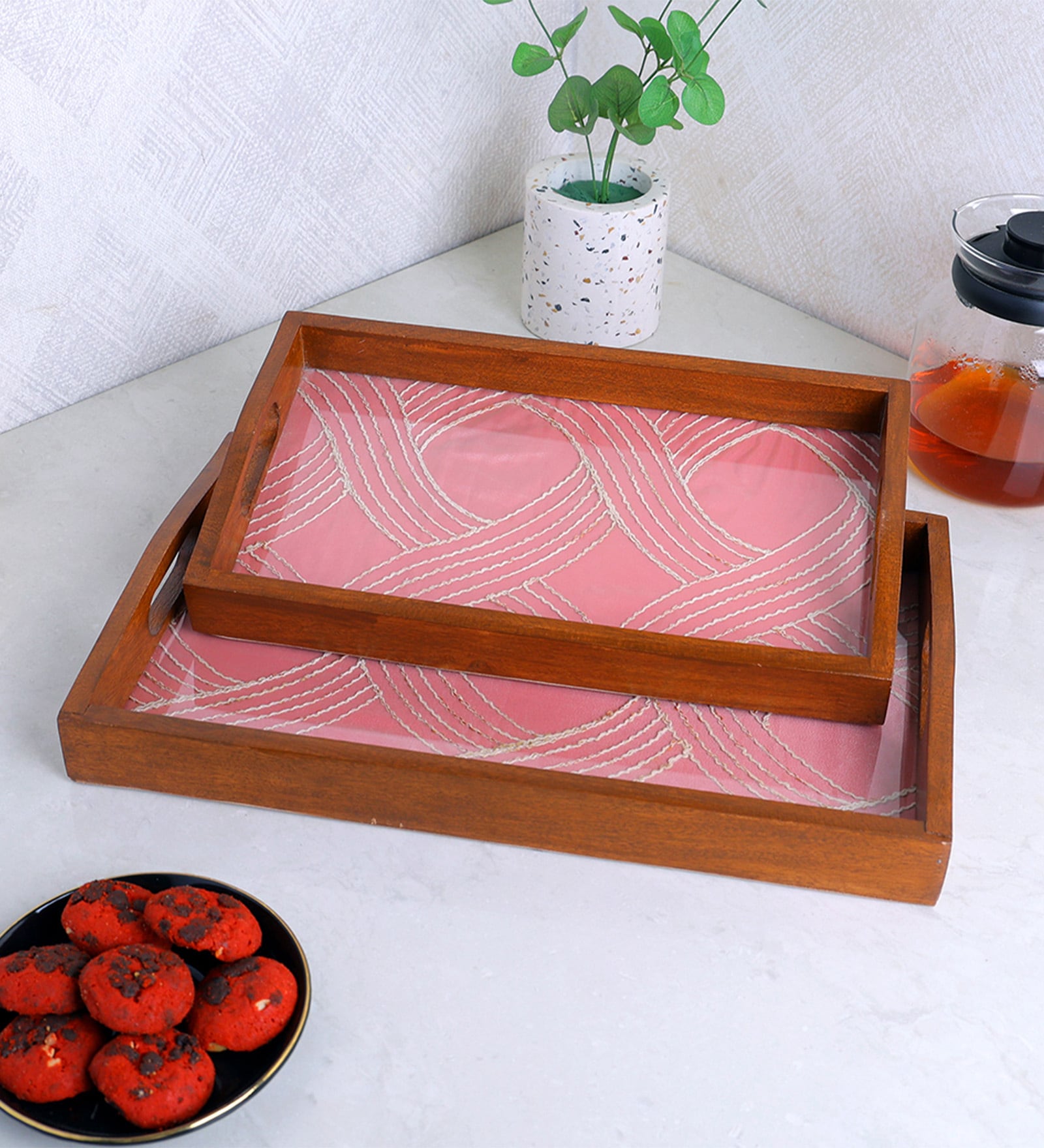Buy Voguish Pink Handcrafted Wood & PVC (Set of 2) Serving Trays at 10% ...