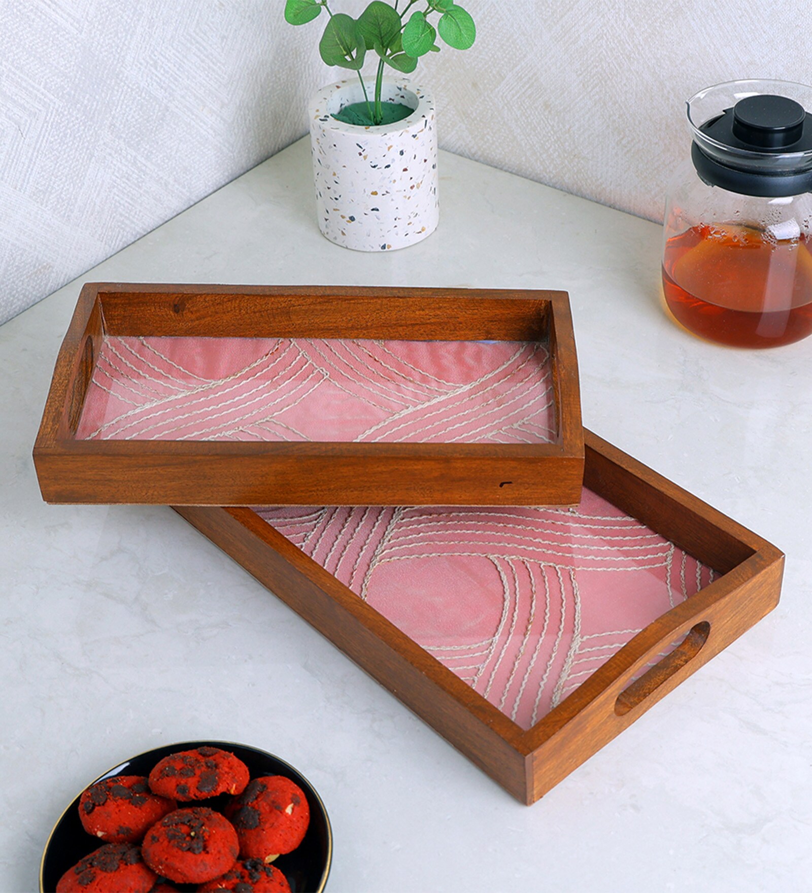 Buy Exclusive Pink Handcrafted Wood & PVC (Set of 2) Serving Trays at ...