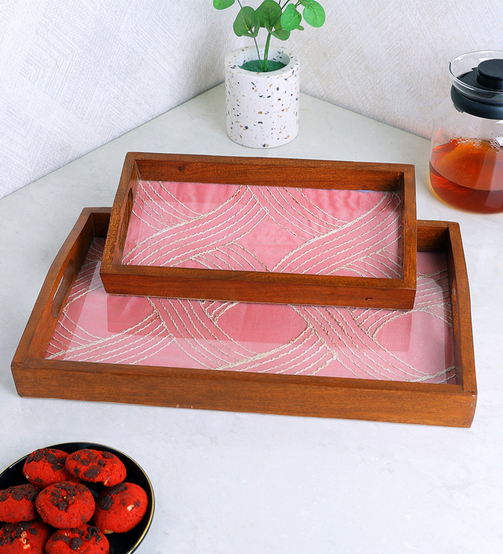 Buy Vibrant Pink Handcrafted Wood & PVC (Set of 2) Serving Trays at 10% ...