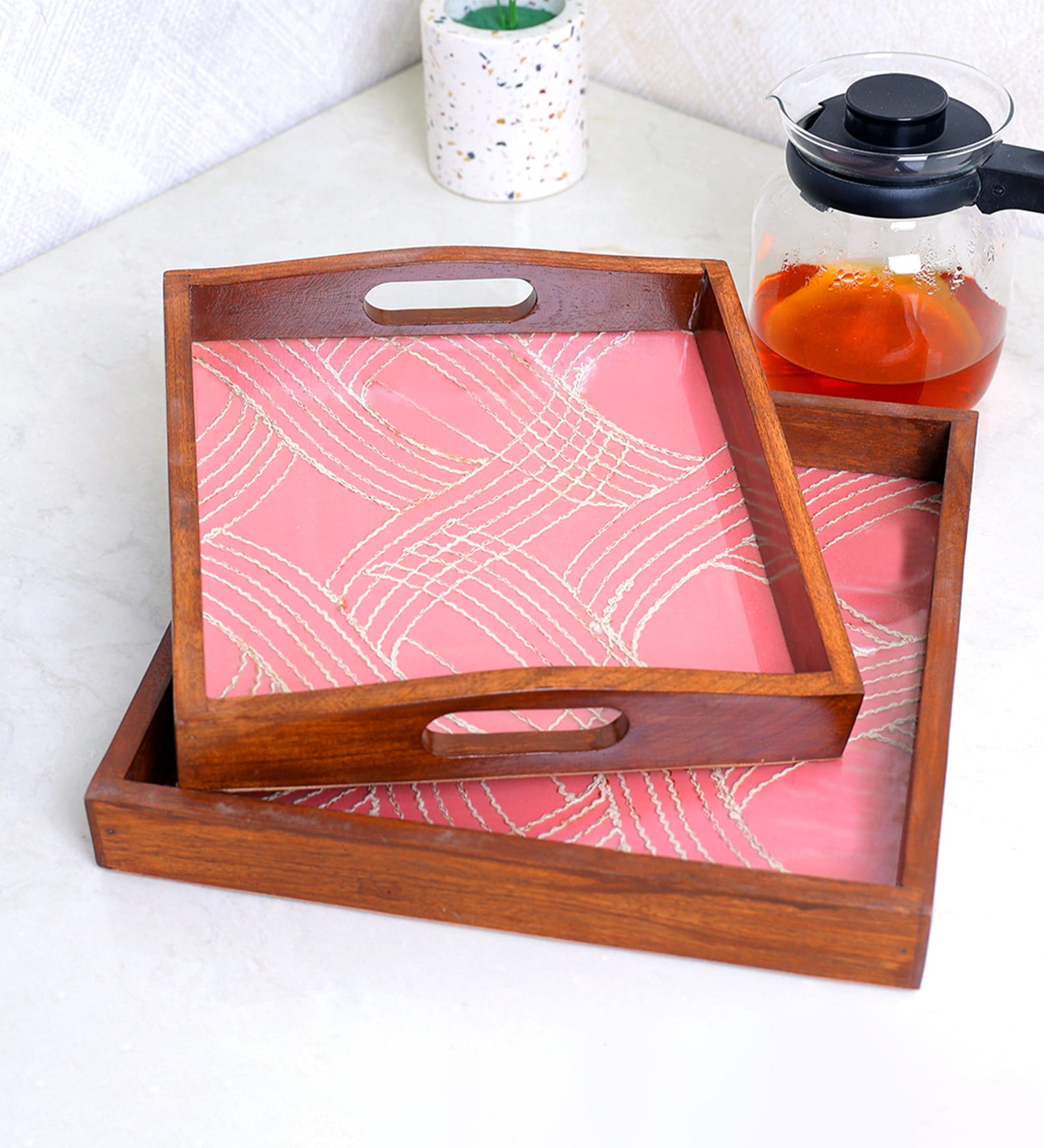 Buy Modish Pink Handcrafted Wood & PVC (Set of 2) Serving Trays at 10% ...
