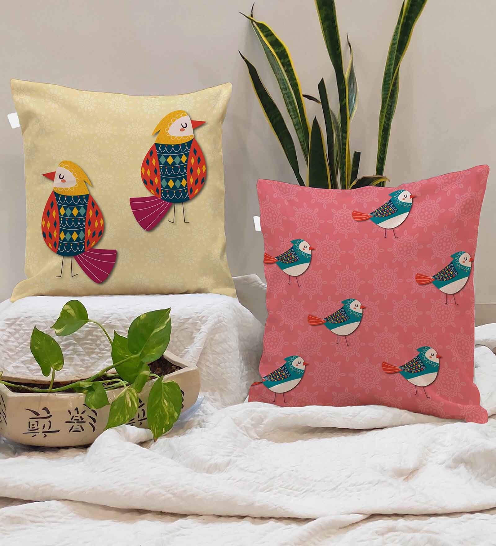 Buy Multicolor Jute Birds Theme 16x16 inches Cushion Covers (Pack of 2 ...