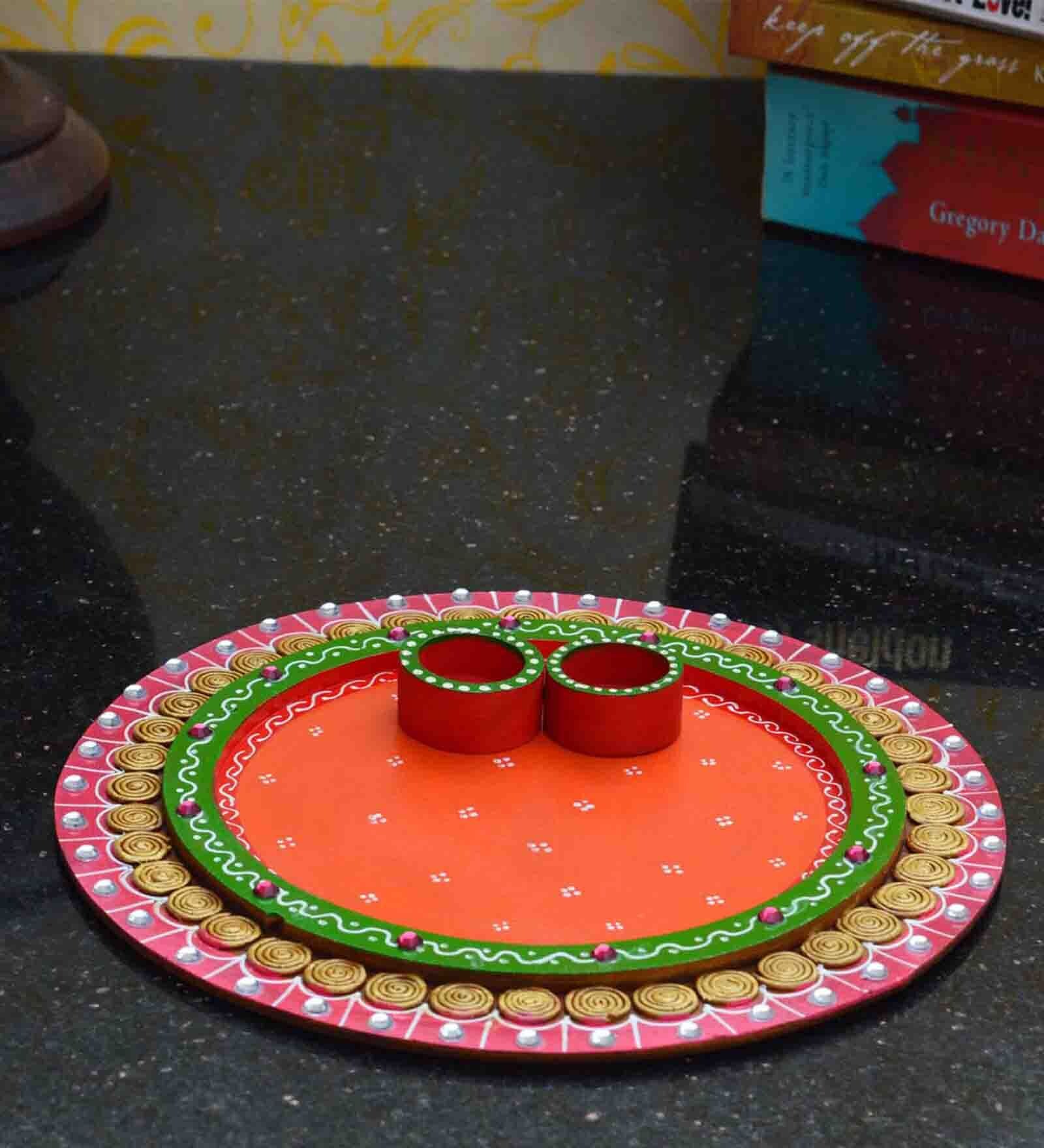 Buy Pink Paper Mache Radiant Pink And Orange Pooja Thali at 36% OFF by ...