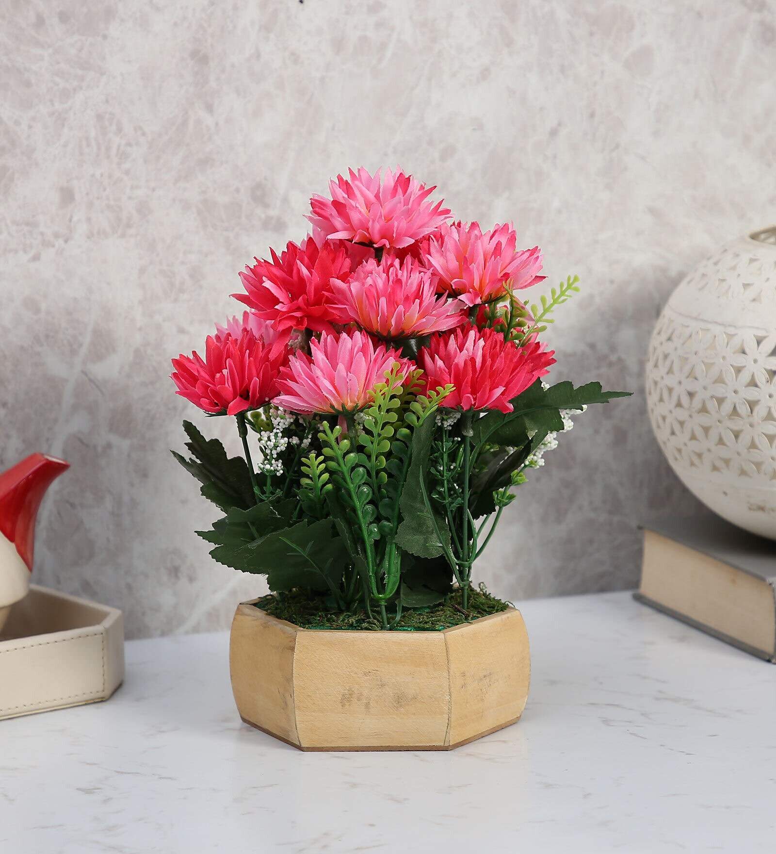 Buy Pink Polyester Chrysanthemum Flower Artificial Plant With Wooden ...