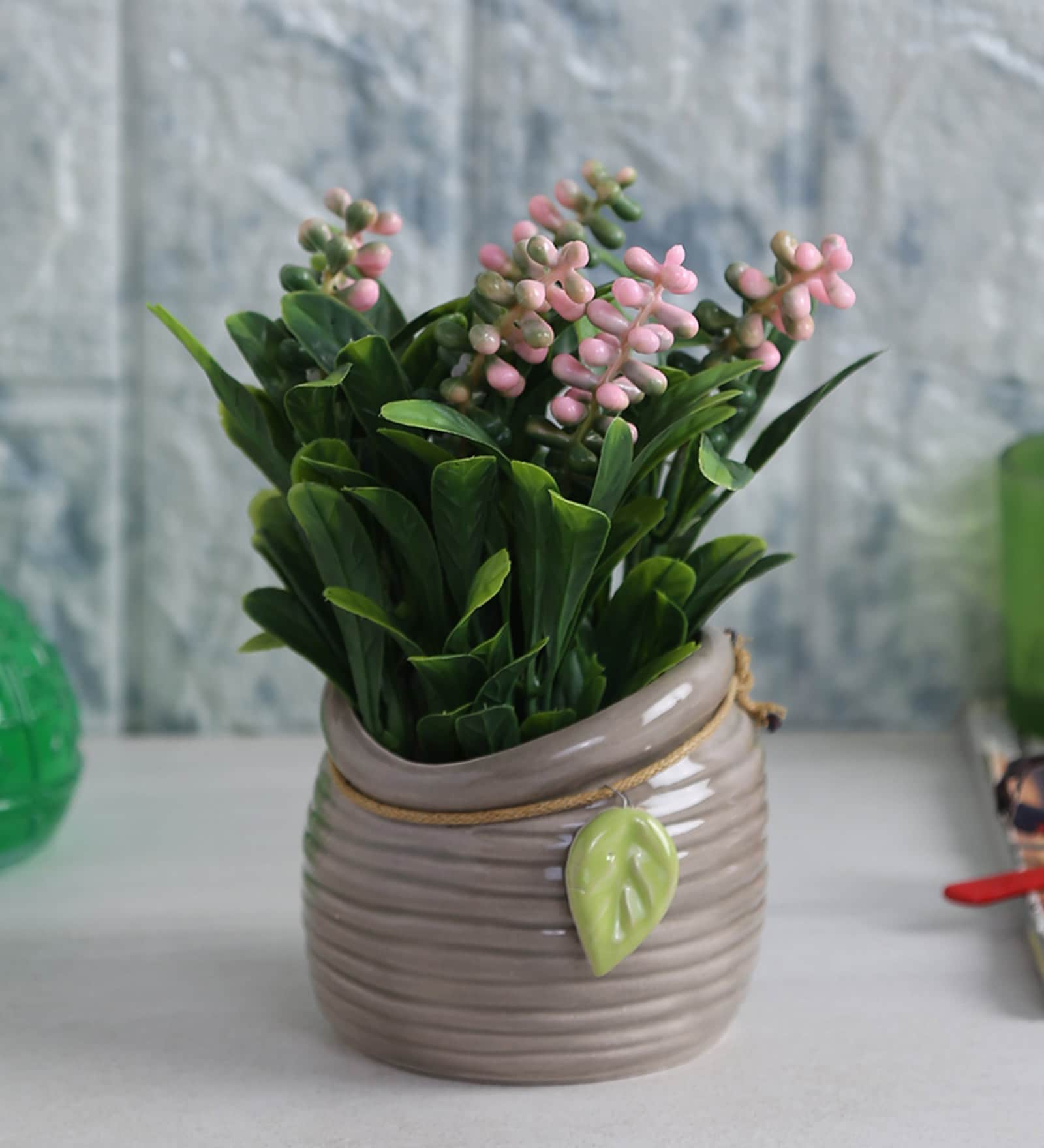 Buy Pink Polyester Miniature Green Berry Artificial Plant With Ceramic ...
