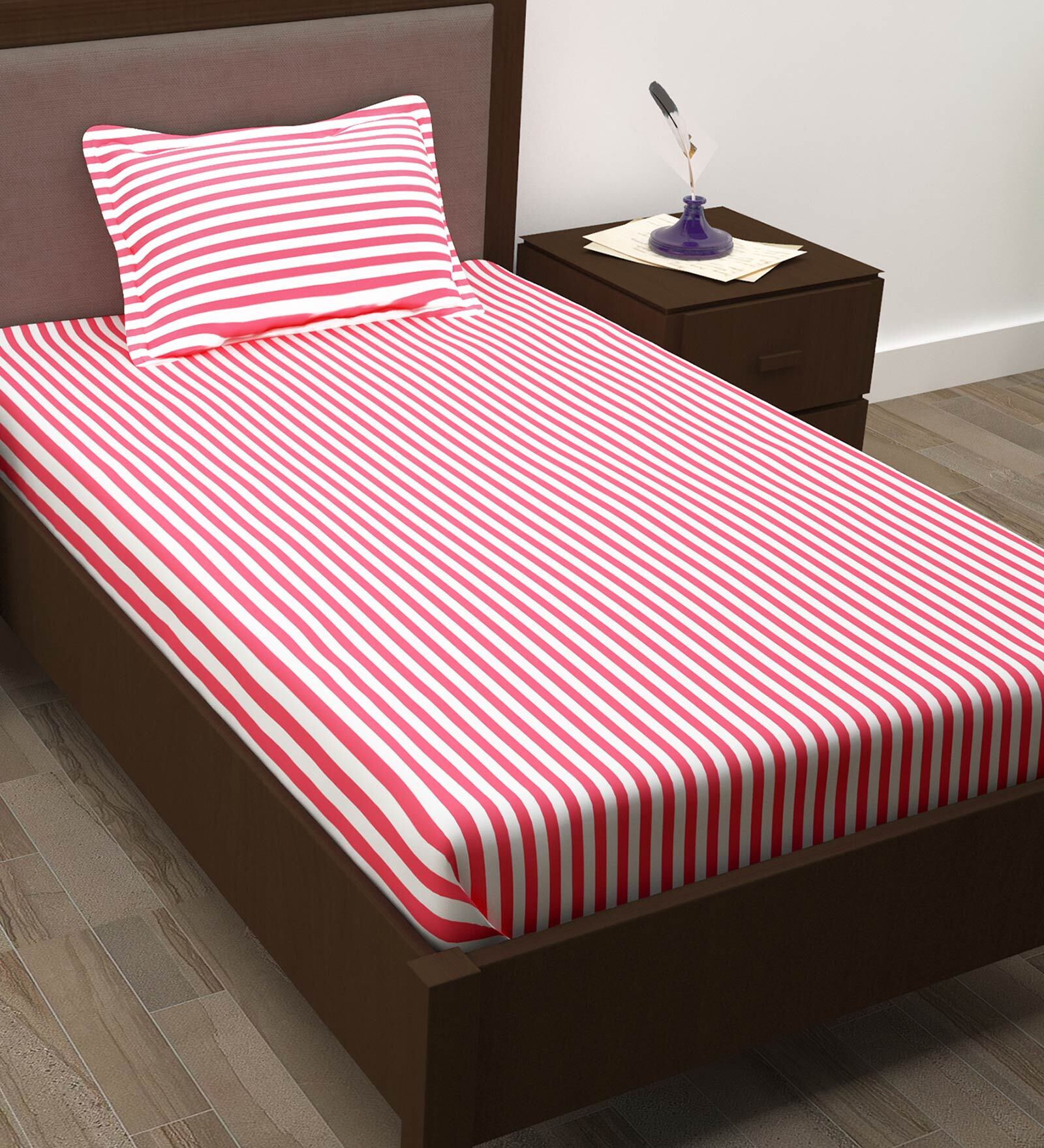 Buy Pink Striped 208 TC 100% Cotton Single Bed Sized Bed Sheets With 1 ...