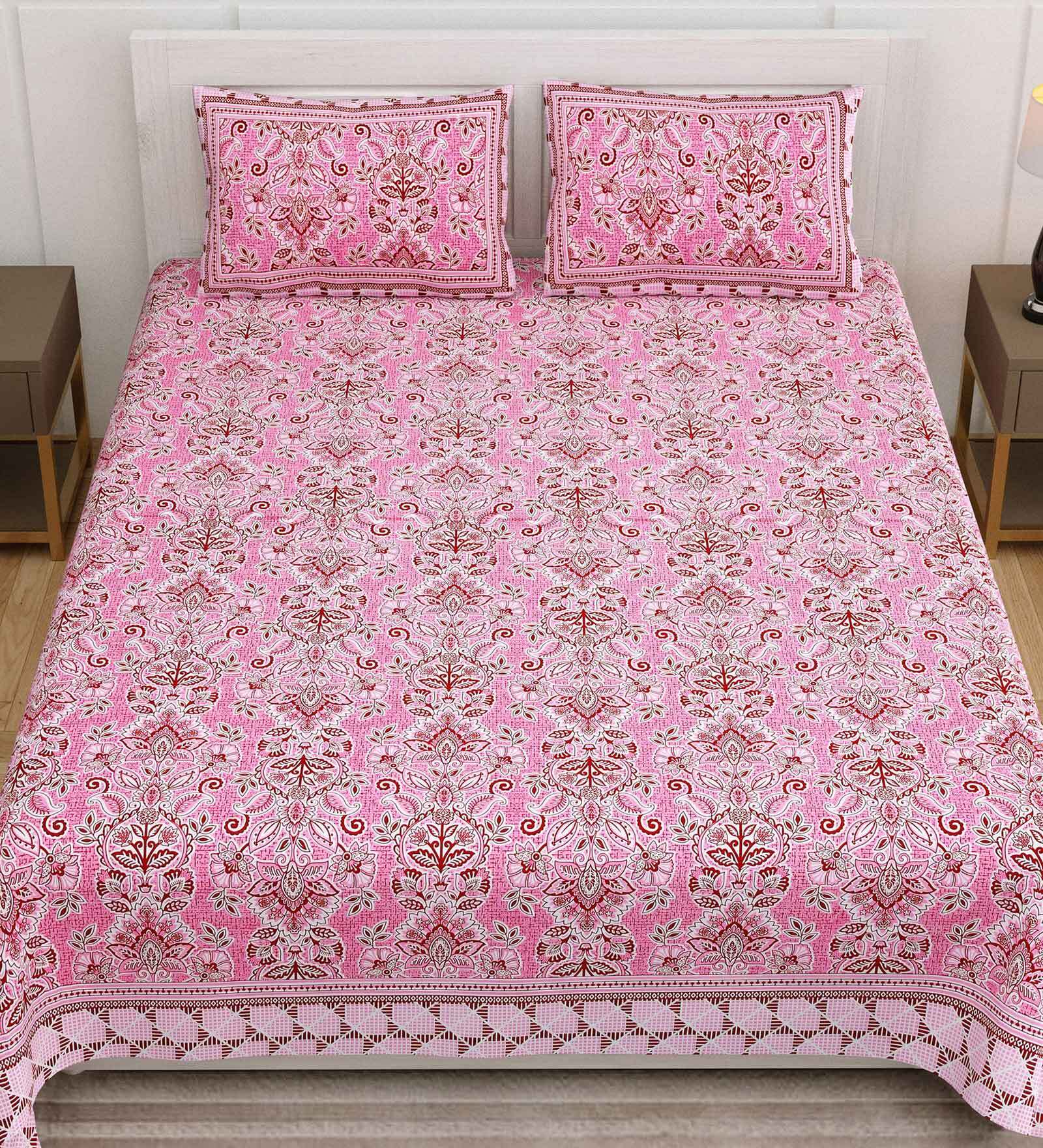 Buy Pink Traditional 144 TC Cotton King Sized Bed Sheets with 2 Pillow ...