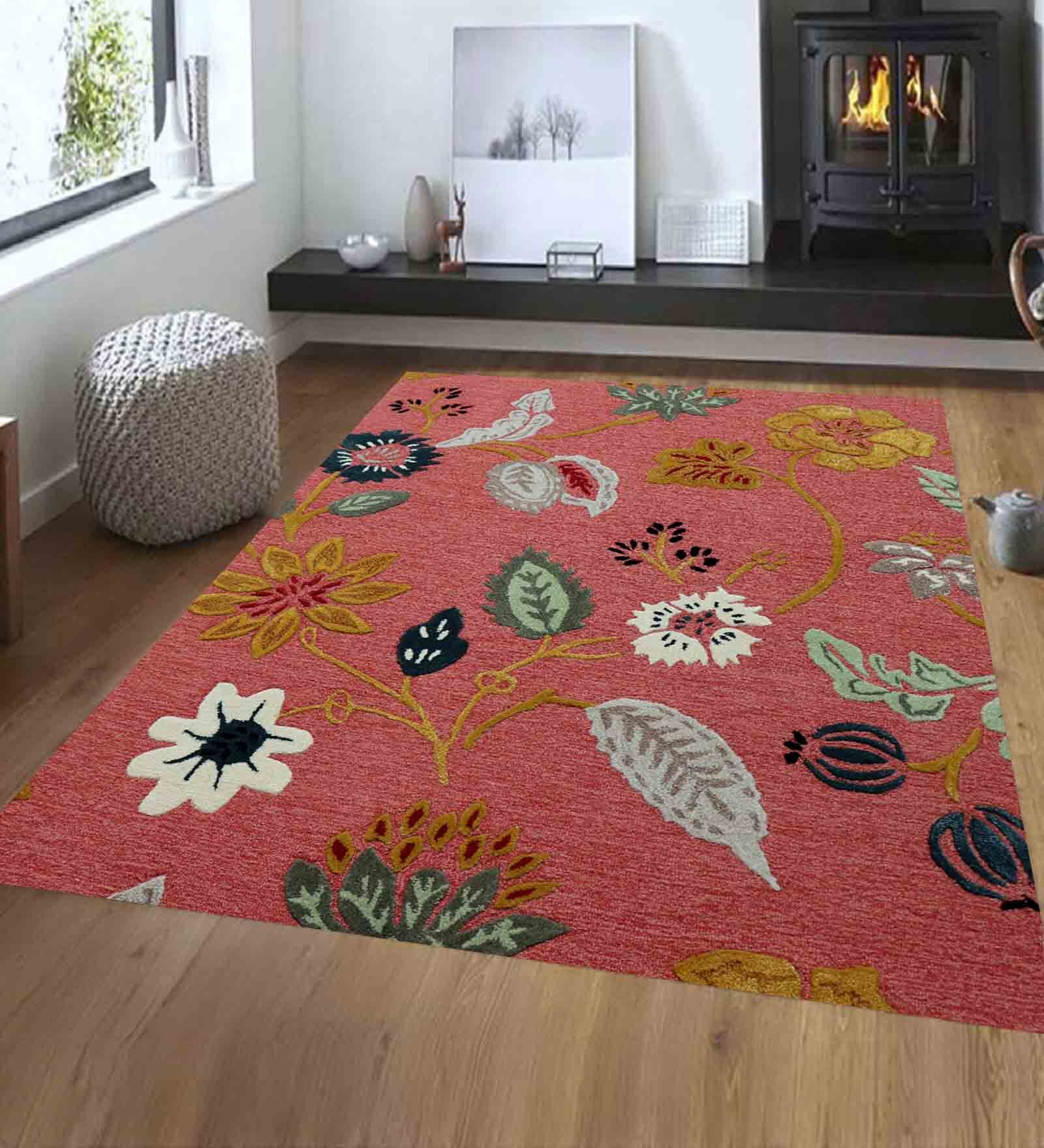 Buy Pink Floral Wool 5 ft x 7 ft Hand Tufted Carpet at 40% OFF by ...