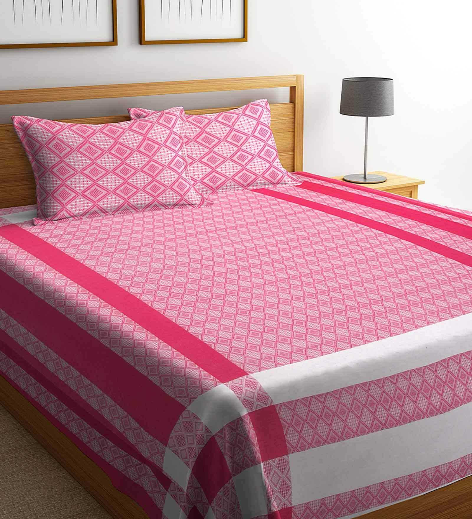 Buy Pink Woven Design Cotton Double Bed Cover with 2 Pillow Cover by ...