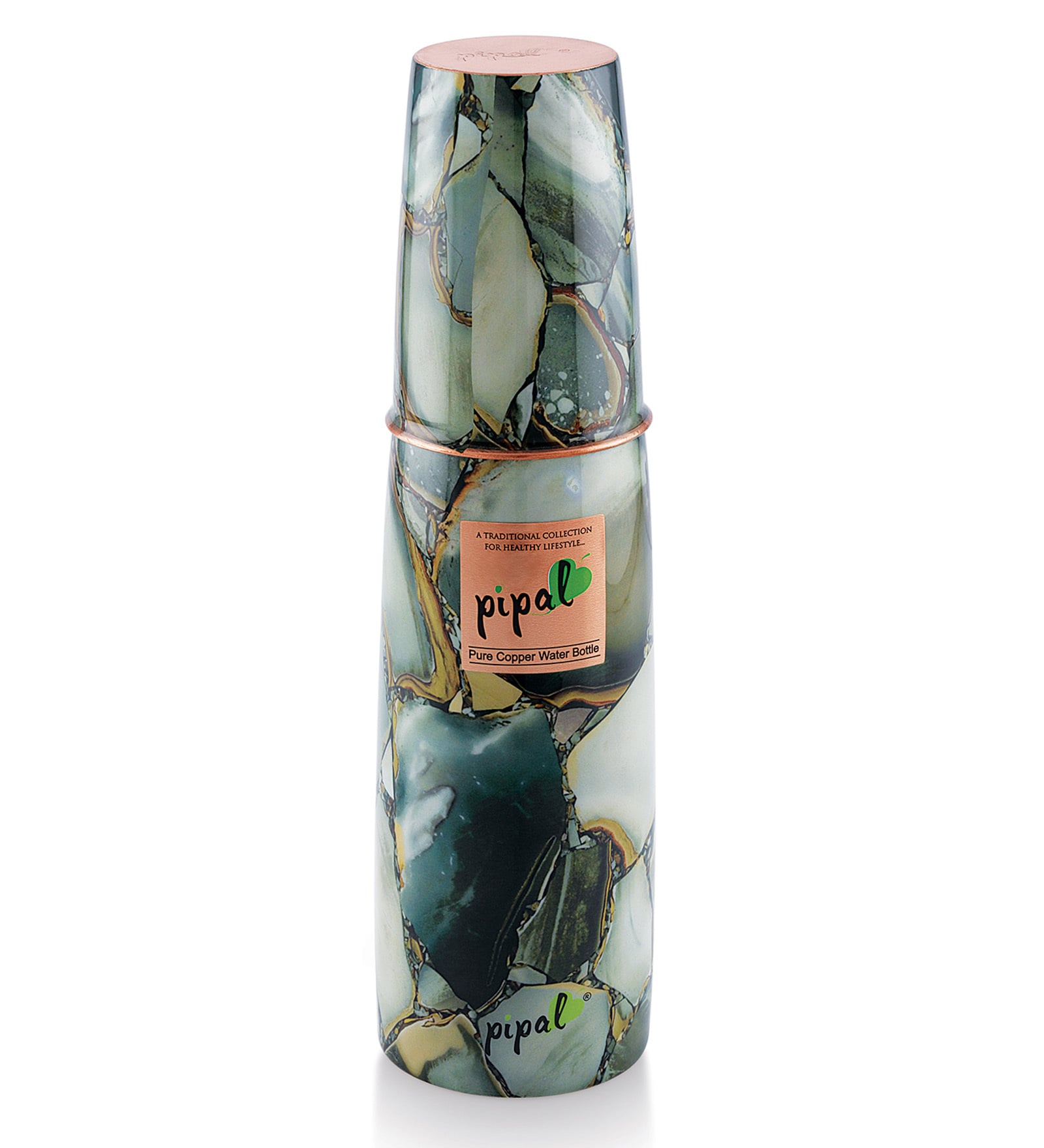 Buy Pipal O2 Copper Bottle with Glass, Designer Green Stone, 1000 ML ...