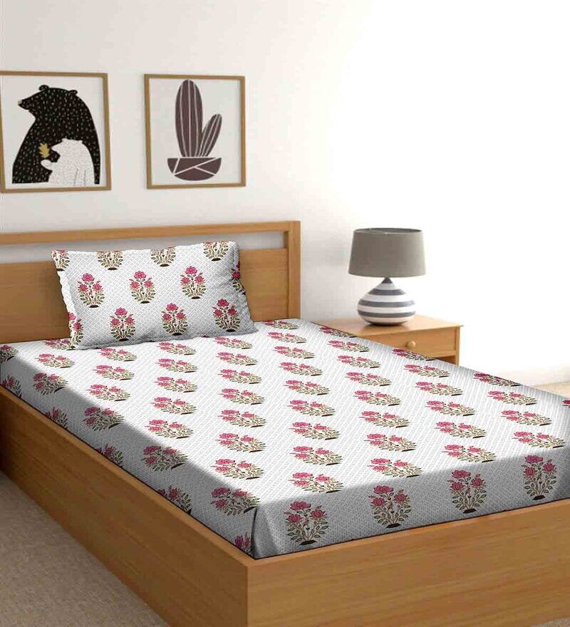 Buy Pink Traditional 150 TC Cotton Single Bedsheet With 1 Pillow Cover ...