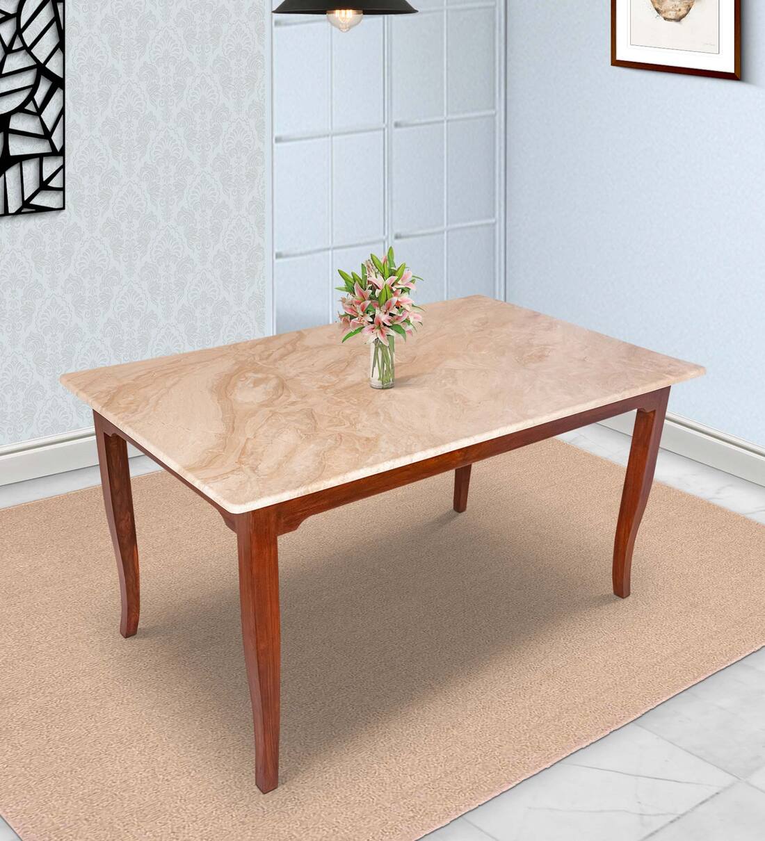 Buy Plinto Solid Wood 6 Seater Dining Table in Beige Finish with Marble ...