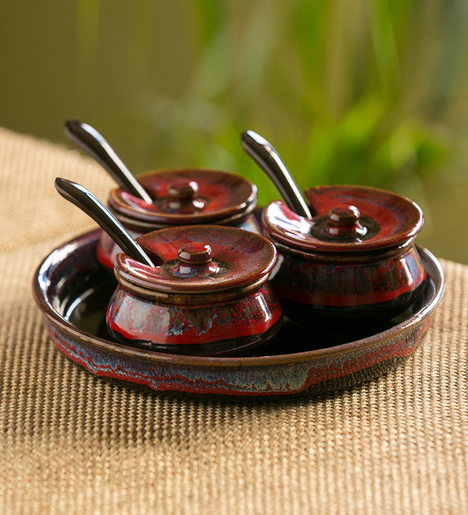 Buy Plenary Crimson 150ml Ceramic 3 Pcs Pickle Jars with Holder ...