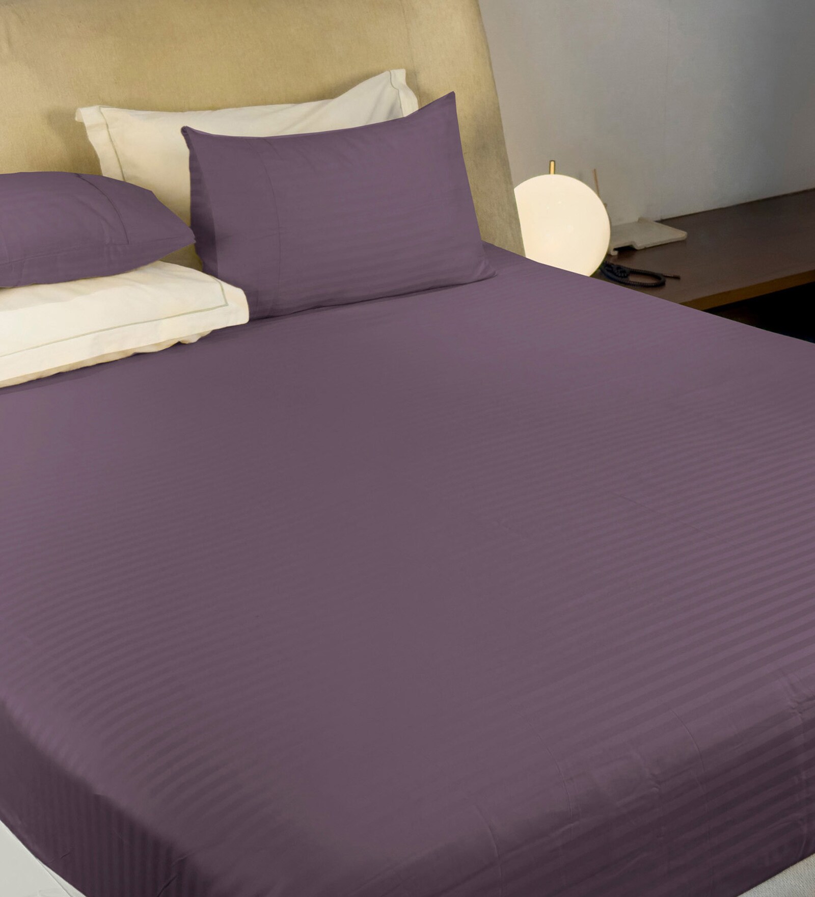 Buy Plum Satin Striped 210 TC Pure Cotton King Sized Bedsheet with 2 Pillow Covers at 10% OFF by ...
