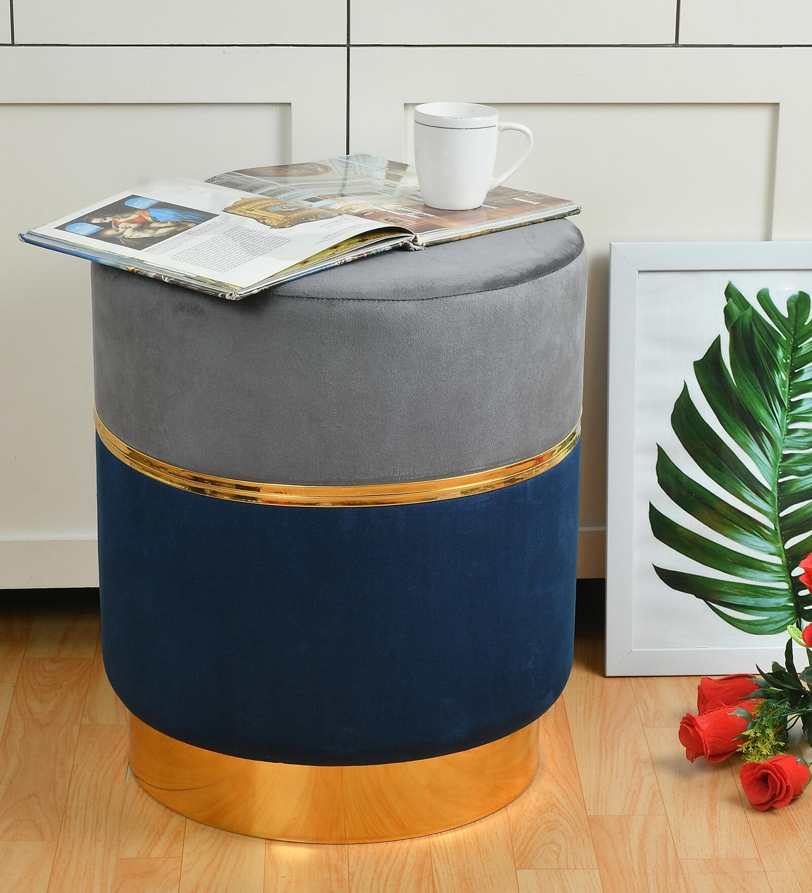 Buy Pluto Pouffe in Grey & Blue Colour at 30% OFF by Riance Creations | Pepperfry