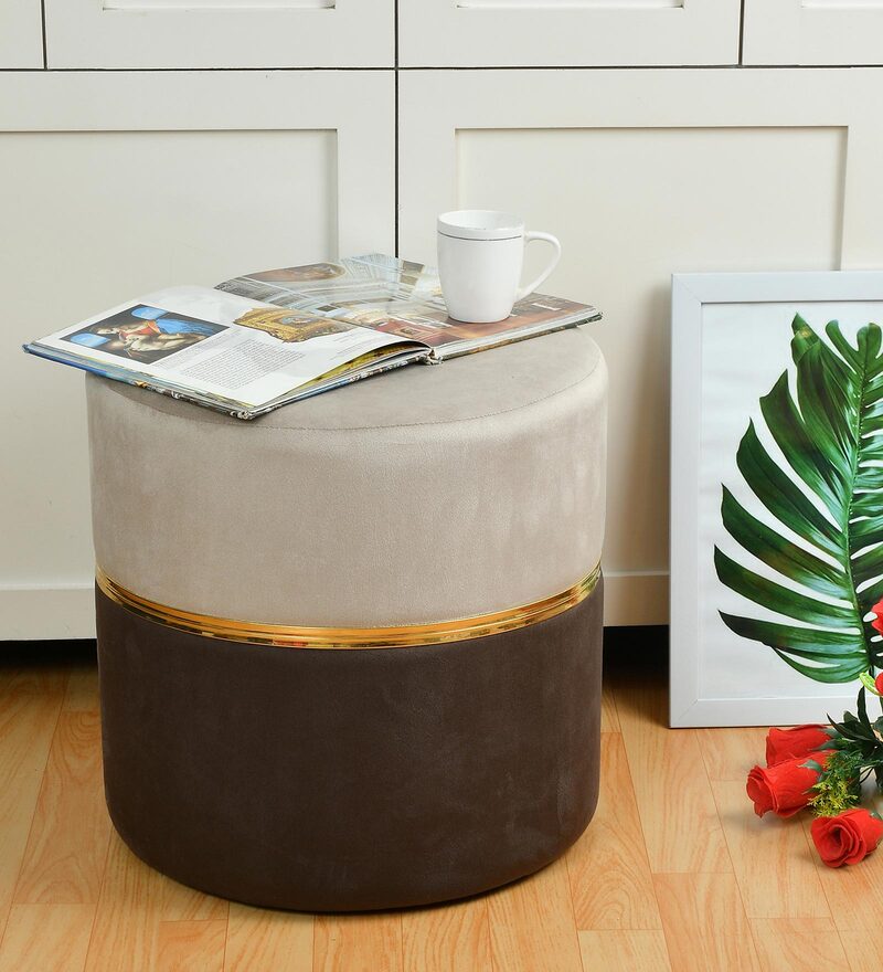 Buy Pluto Fabric Pouffe in Brown & Beige Colour by Riance Creations ...