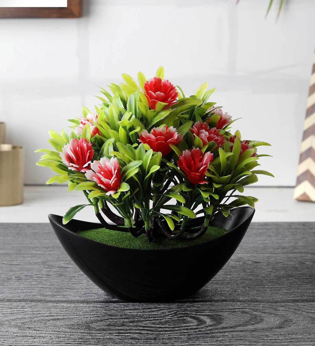 Buy Polyester And Plastic Green Leaves And Red Flowers With Pot ...