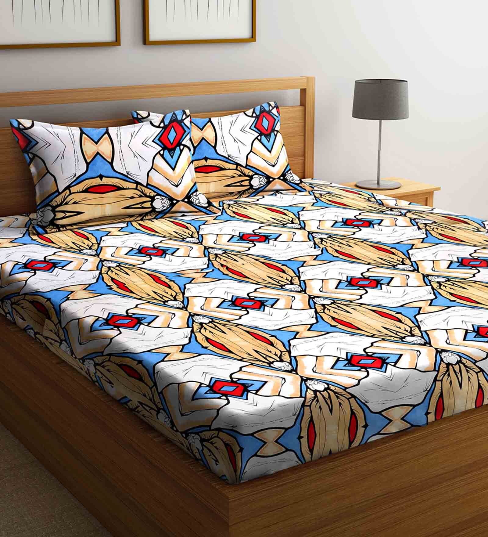 Buy Blue Abstract 300 TC Poly Cotton 1 Double Bedsheet with 2 Pillow ...