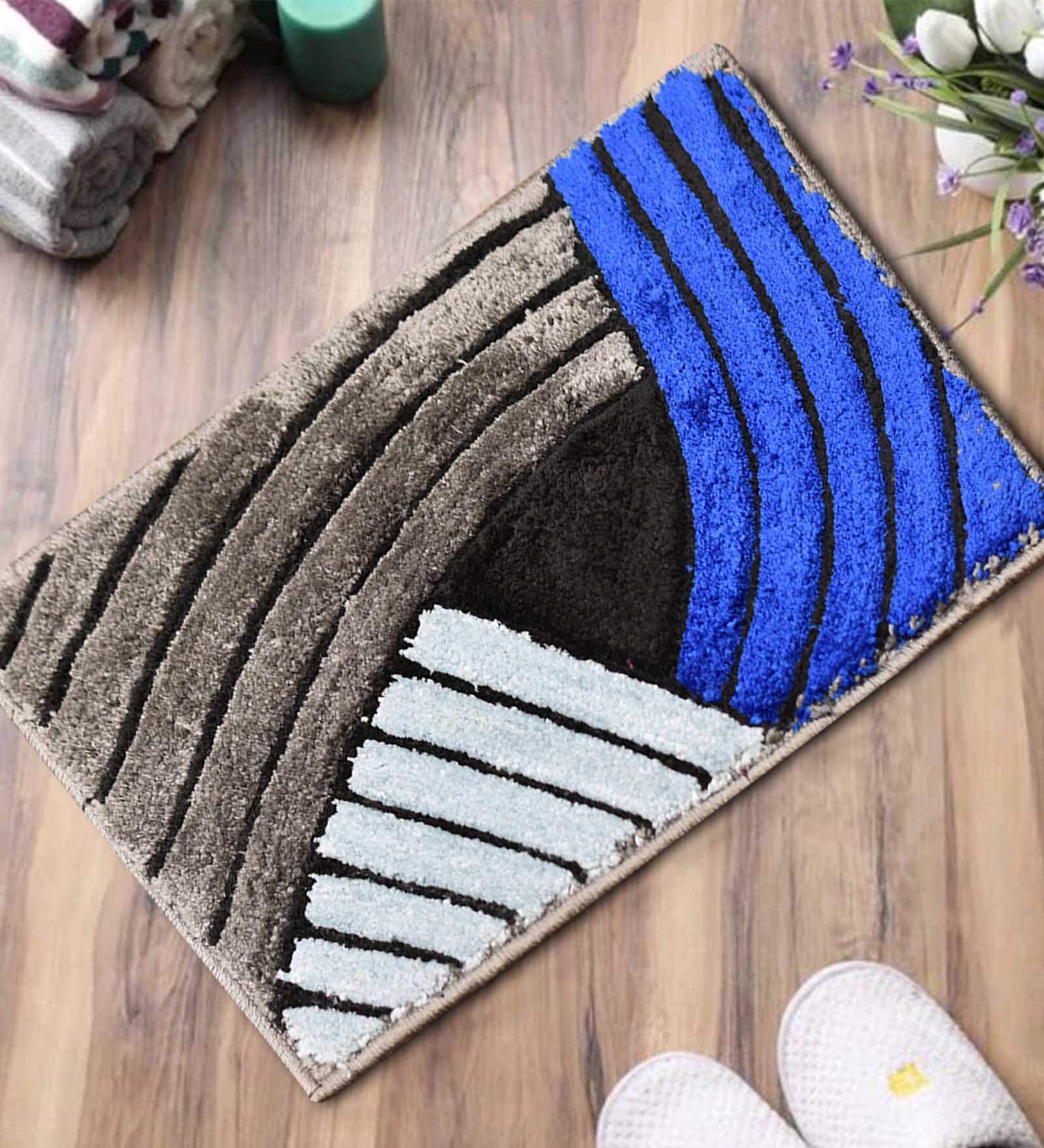 Buy Polyester Abstract Pattern Machine Tufted 2 X 1 Feet Carpet in Blue ...