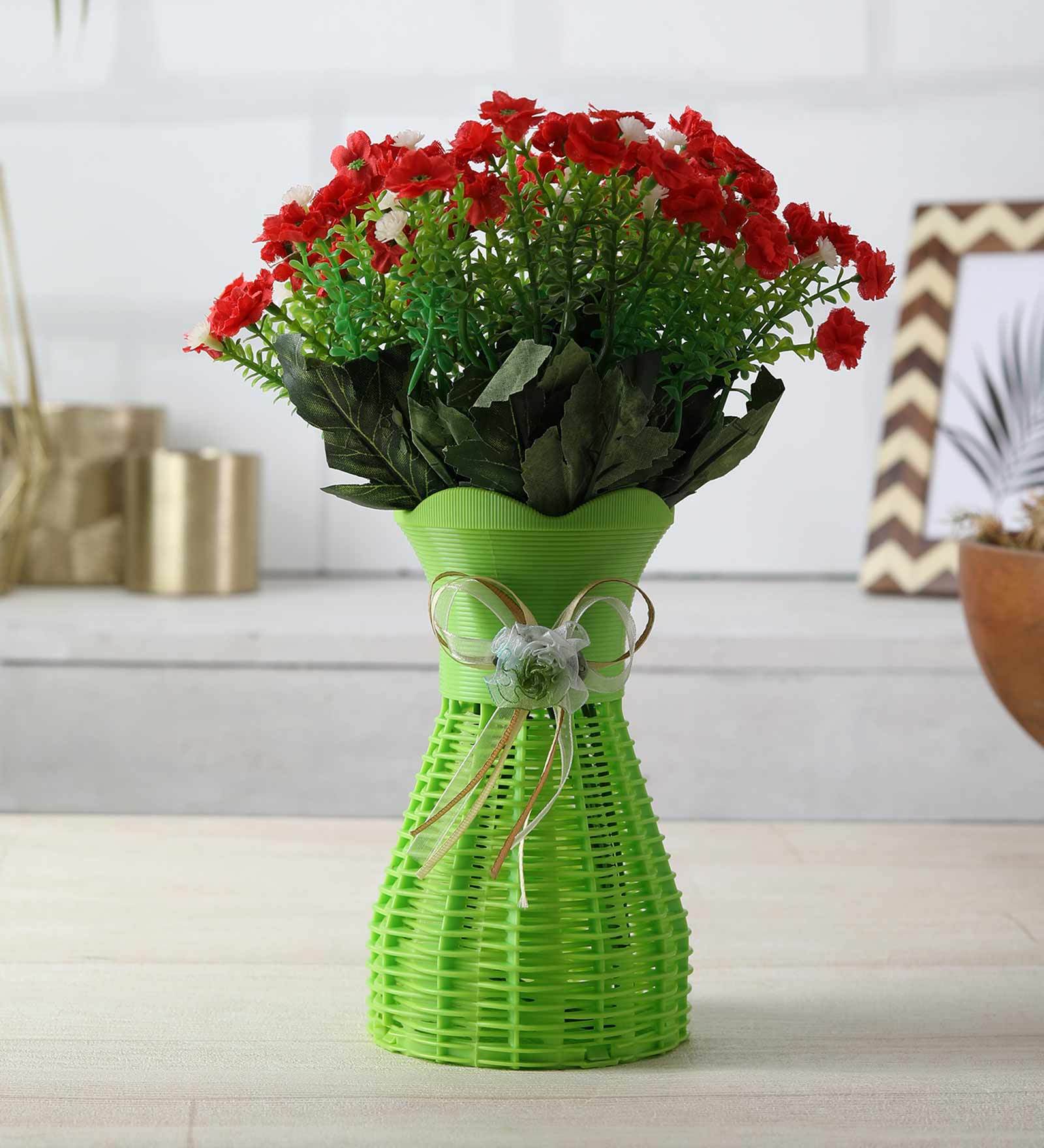 Buy Red Flower Plastic Artificial Bunch with Vase by Foliyaj Online ...