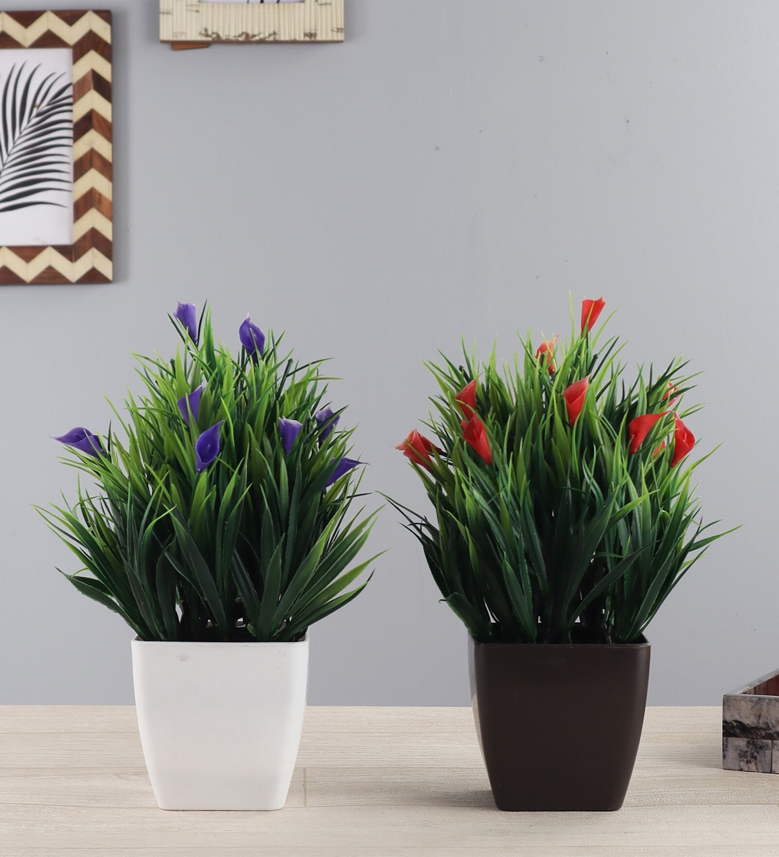 Buy Polyester Artificial Red & Purple Cynthia Plants With Plastic Pot ...