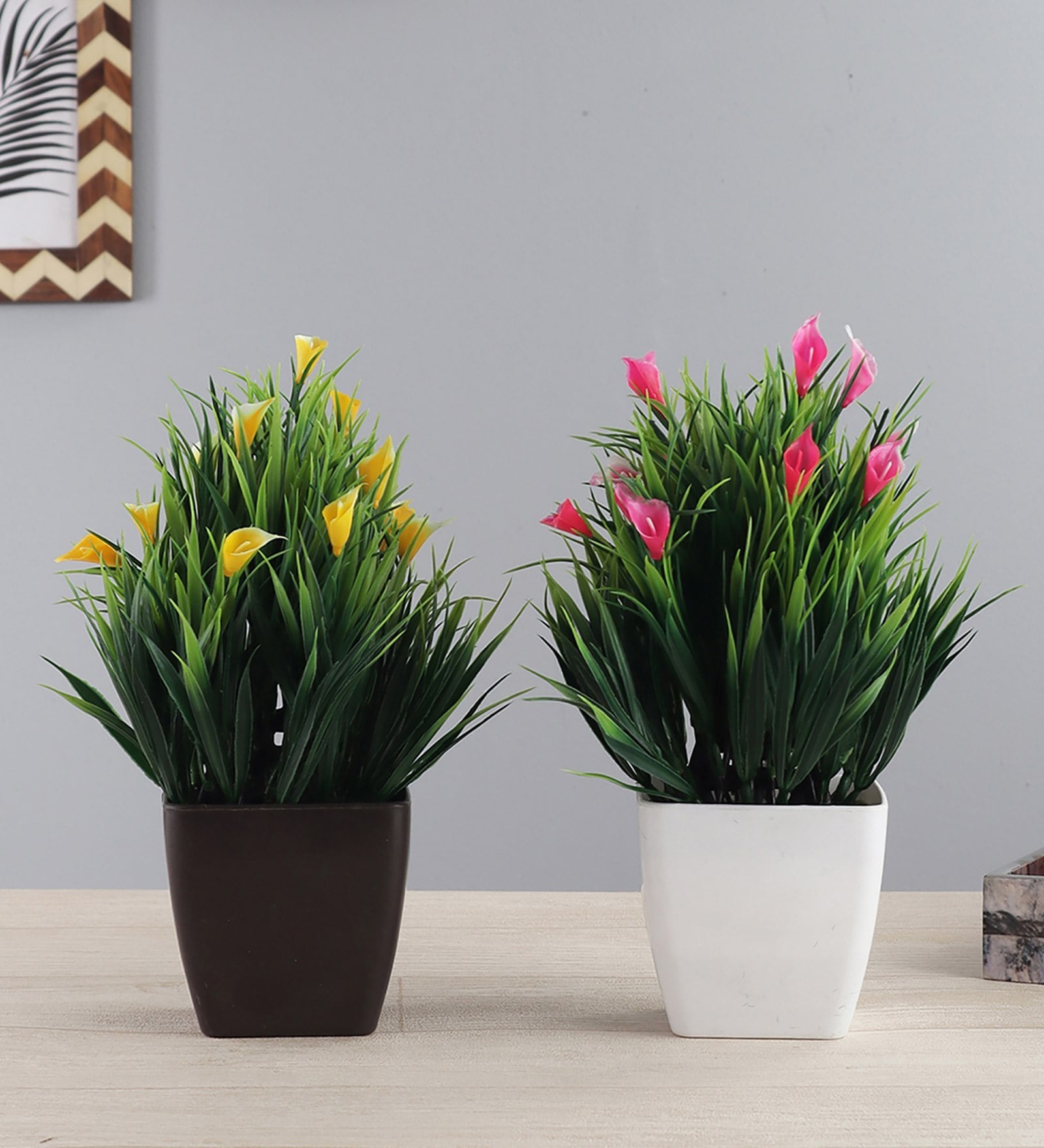 Buy Polyester Artificial Yellow & Pink Cynthia Plants With Plastic Pot ...