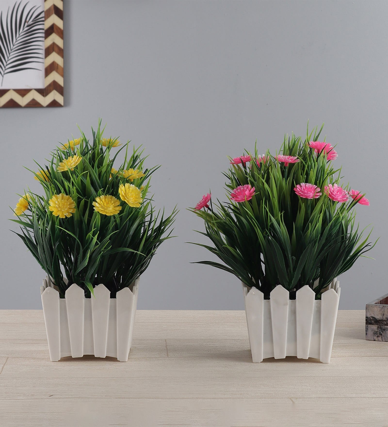 Buy Polyester Artificial Yellow & Pink Gerbera Plants With Plastic Pot ...