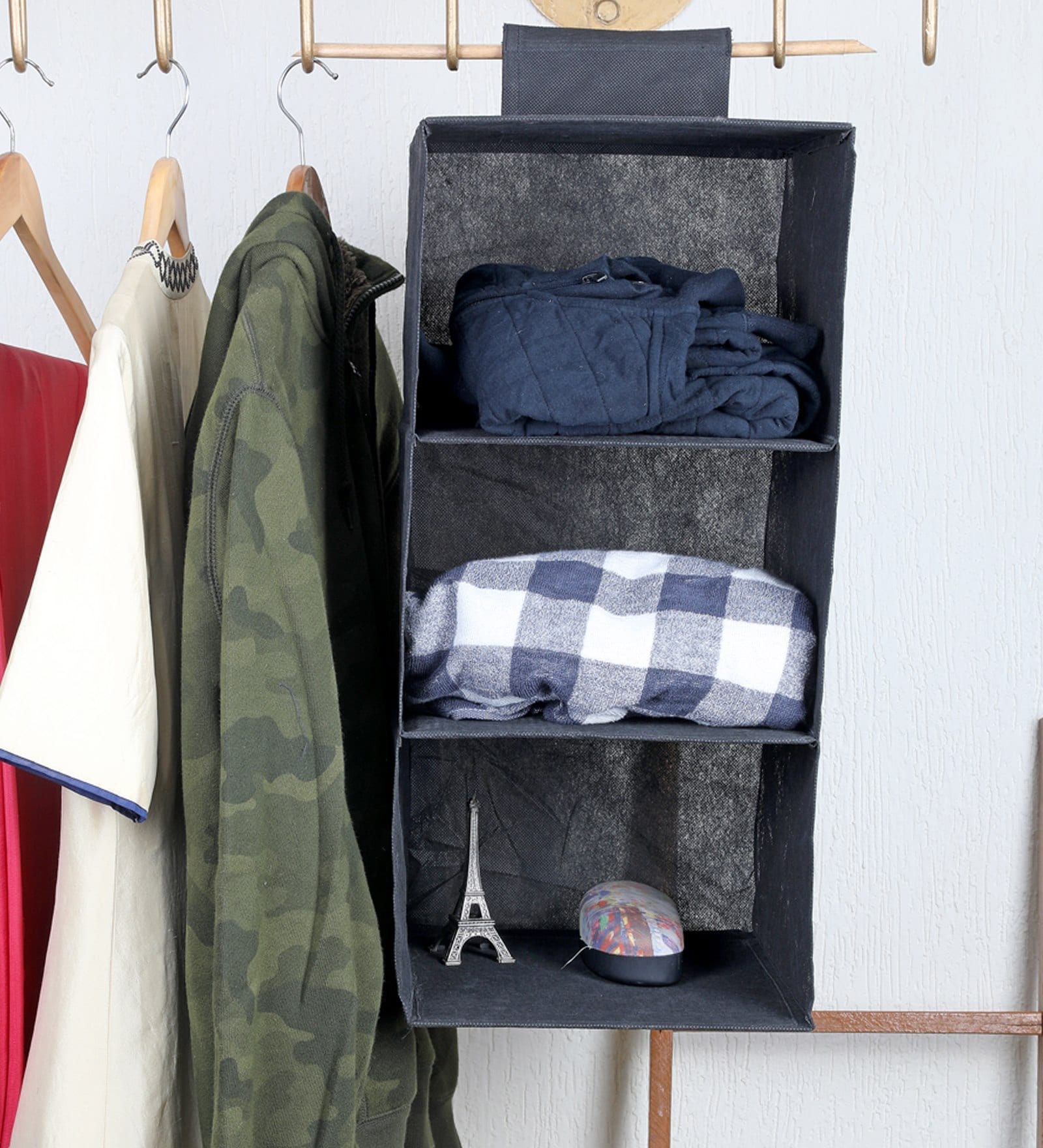 Buy Black Solid Polypropylene Foldable Hanging Cloth Organiser With 3 ...