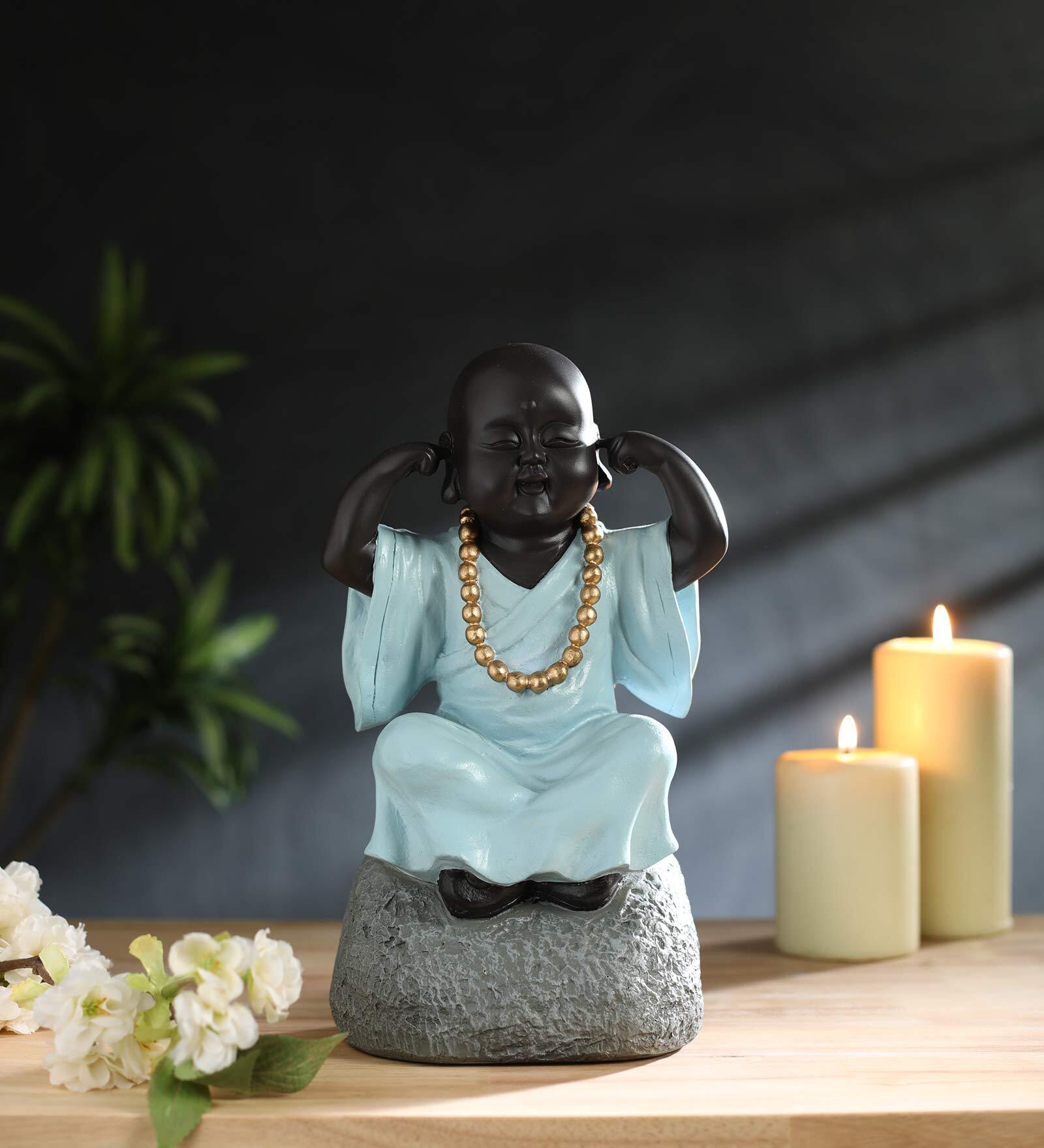 Buy Polyresin Black & Sky Blue Tatva Monk Dont Hear Bad 25.5 Cm at 100% ...