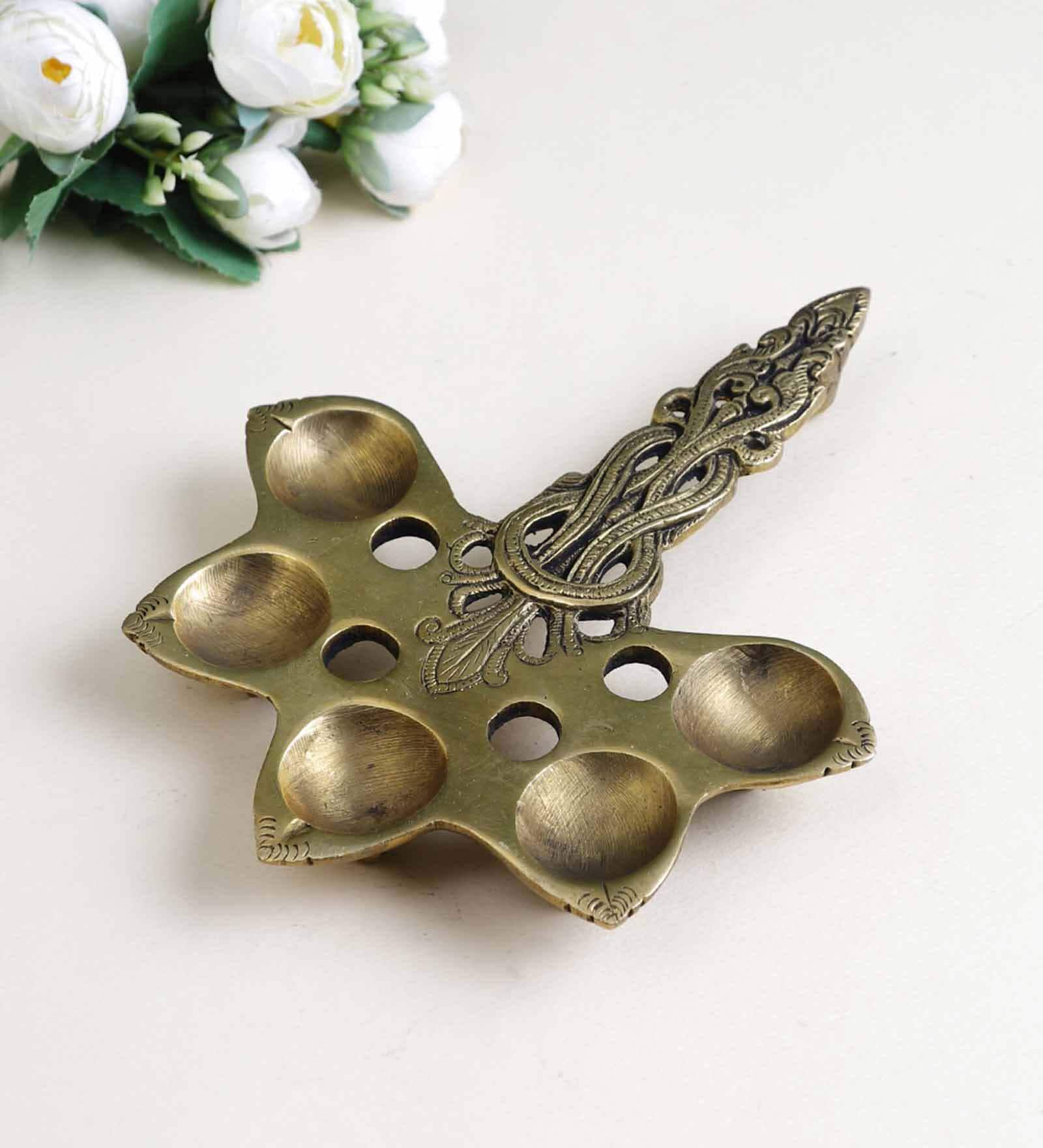 Buy Pooja Golden Brass Aarti Pancham Diya Spoon by Imli Street at 45% ...