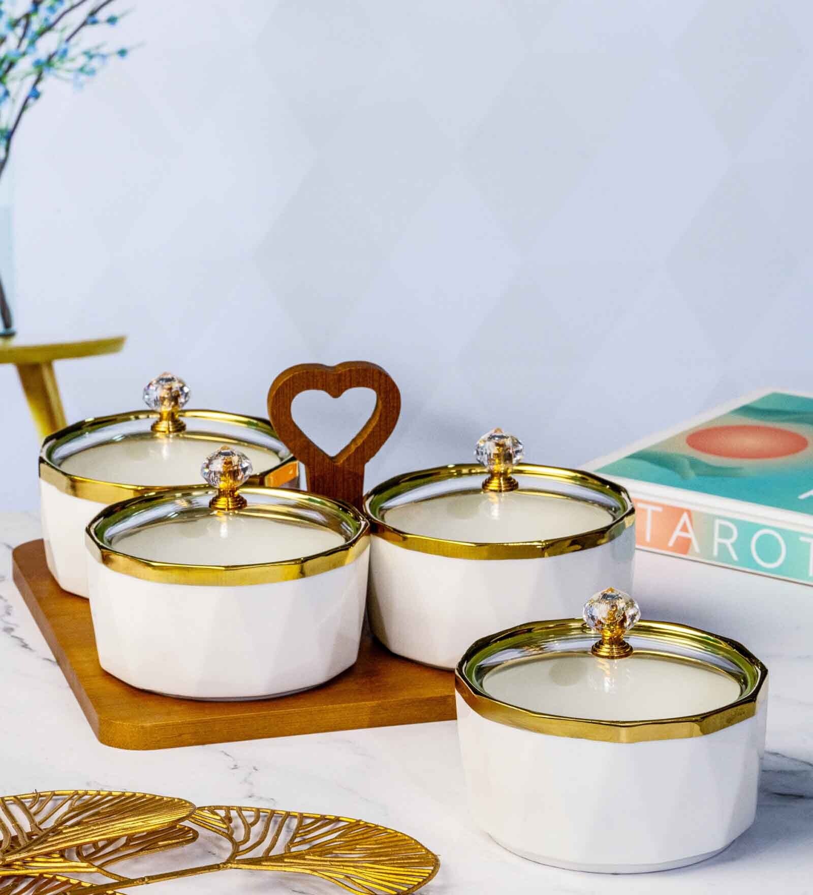 Buy Porcelain Lexie Server set with Glass Lid & Wooden Stand of 5pcs at ...