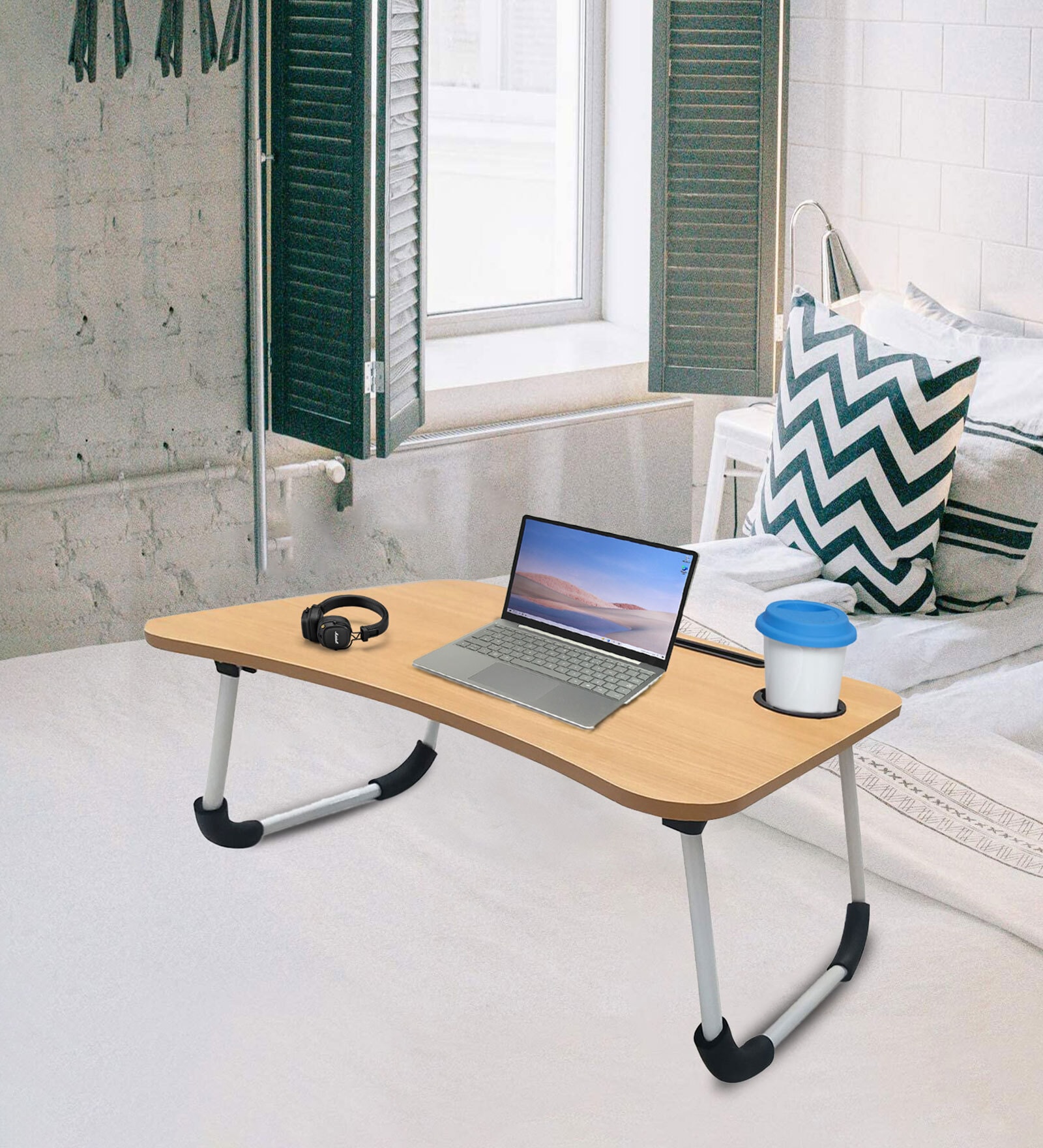 Buy Portable Laptop Table With Cup Holder In New Wood Finish at 47% OFF ...